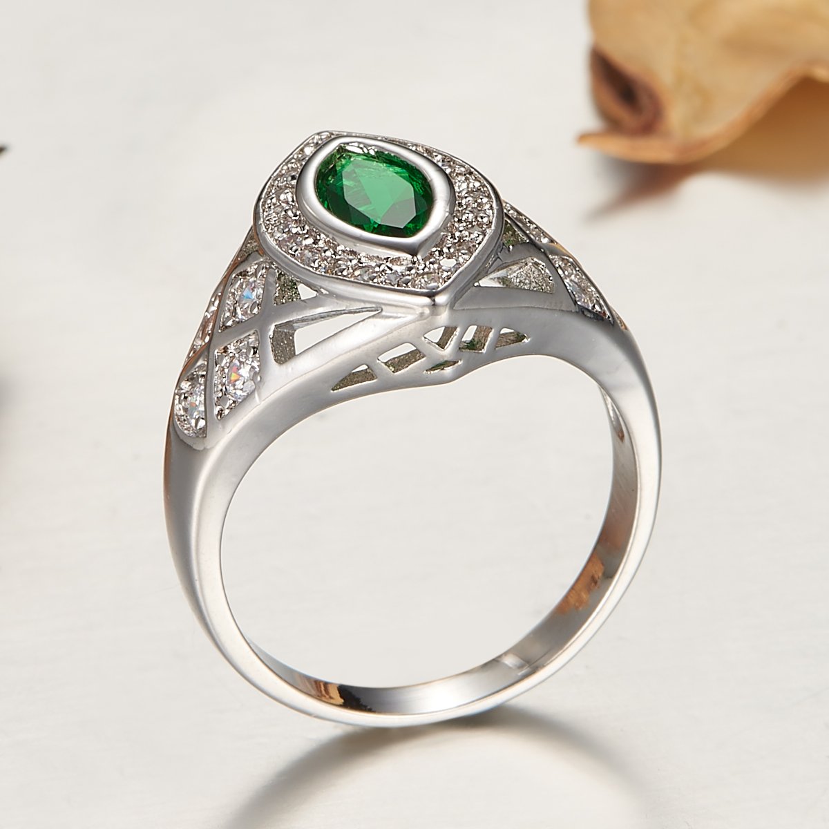 Psiroy 925 Sterling Silver Plated Marquise Cut Created Emerald Quartz Filled Ring Band for Women