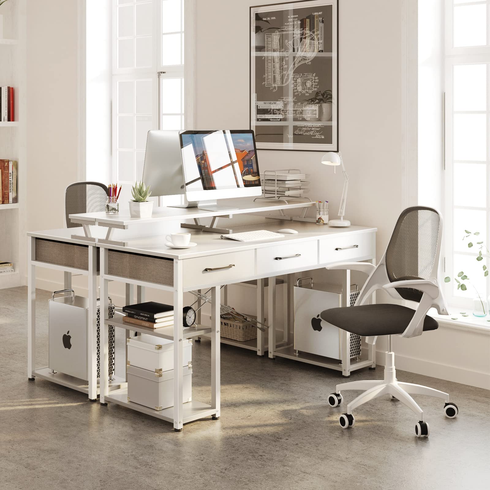 ODK Computer Desk with Drawers and Storage Shelves, 48 inch Home Office Desk with Monitor Stand, Modern Work Study Writing Table Desk for Small Spaces, White