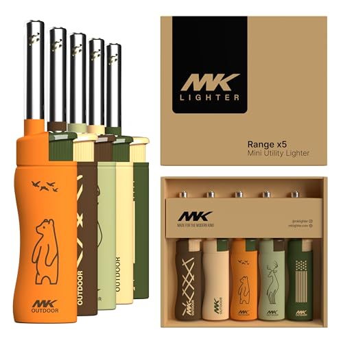 MK Lighter 5pcs. Outdoor Series Candle Lighters, Windproof Torch Flame, Ideal Lighters for Candles, BBQ Grills, Camping Lighters, Outdoor Activities, Refillable Butane, Multipurpose Lighters