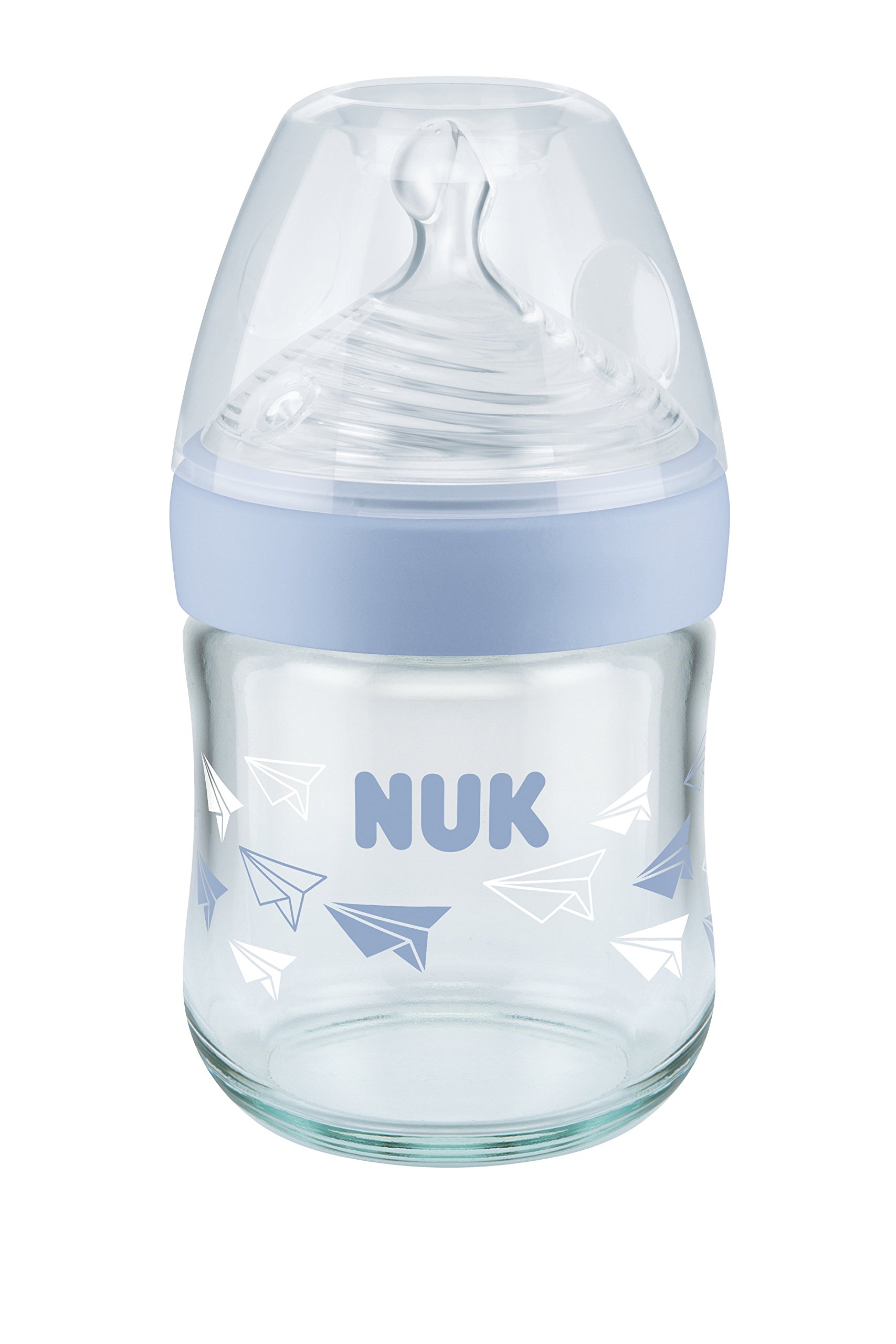 NUK Nature Sense Glass Bottle with Silicone 0-6 Months, S (3 Tiny Openings for Breast Milk, Tea, Water), Holds 120 m Blue