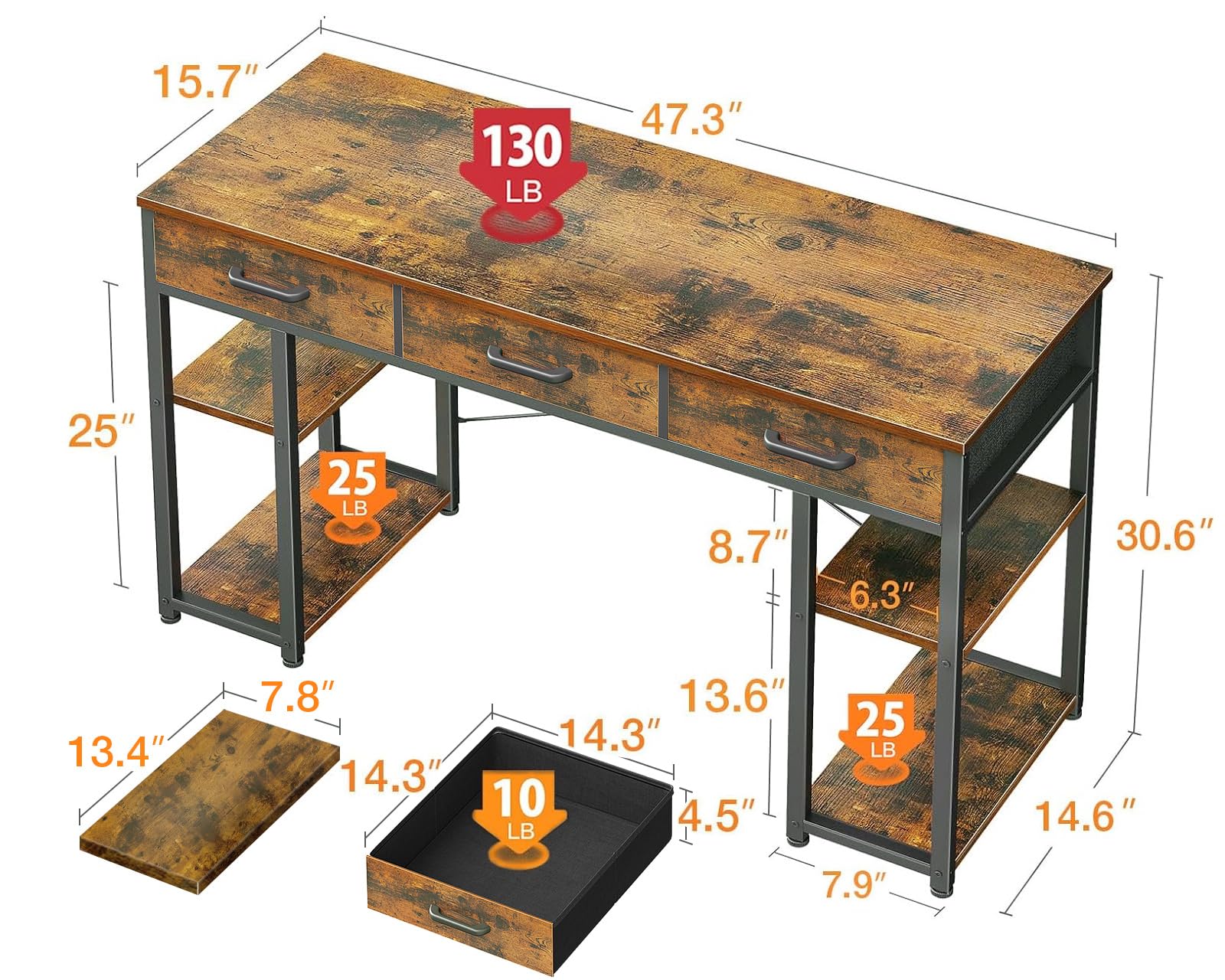 ODK Office Small Computer Desk: Home Table with Fabric Drawers & Storage Shelves, Modern Writing Desk, Vintage, 48"x16"