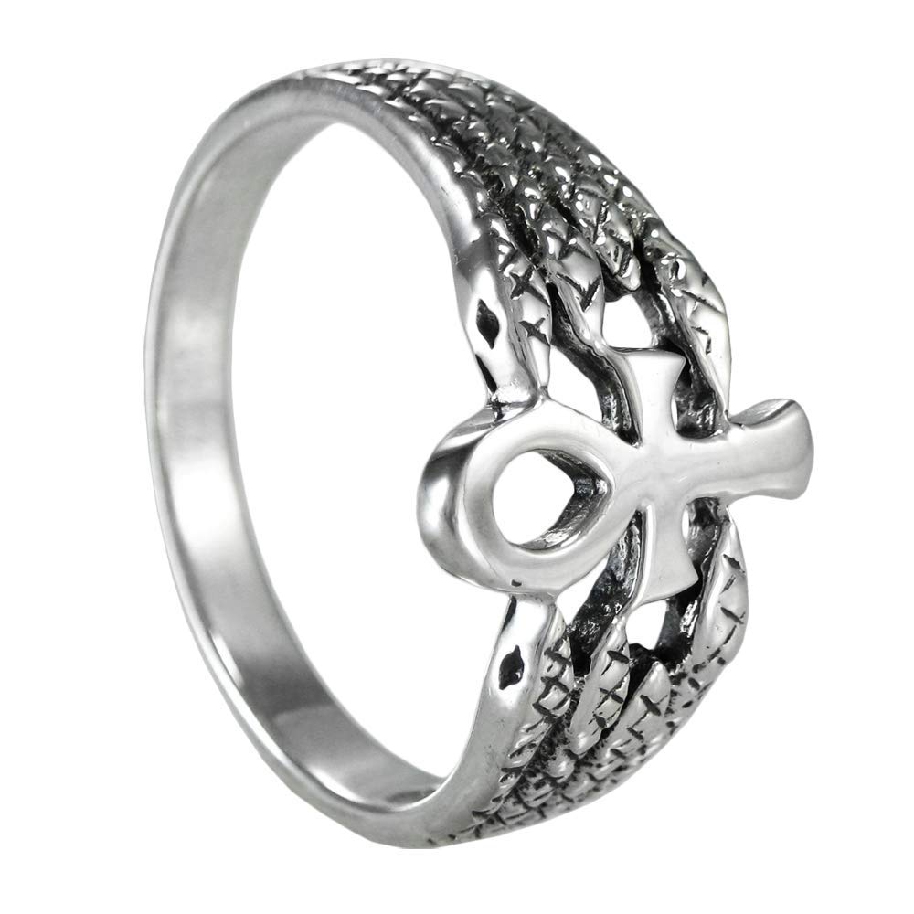 Moonlight Mysteries Silver Egyptian Ankh Serpent Ring for Men or Women (Available 4-15) sz 8