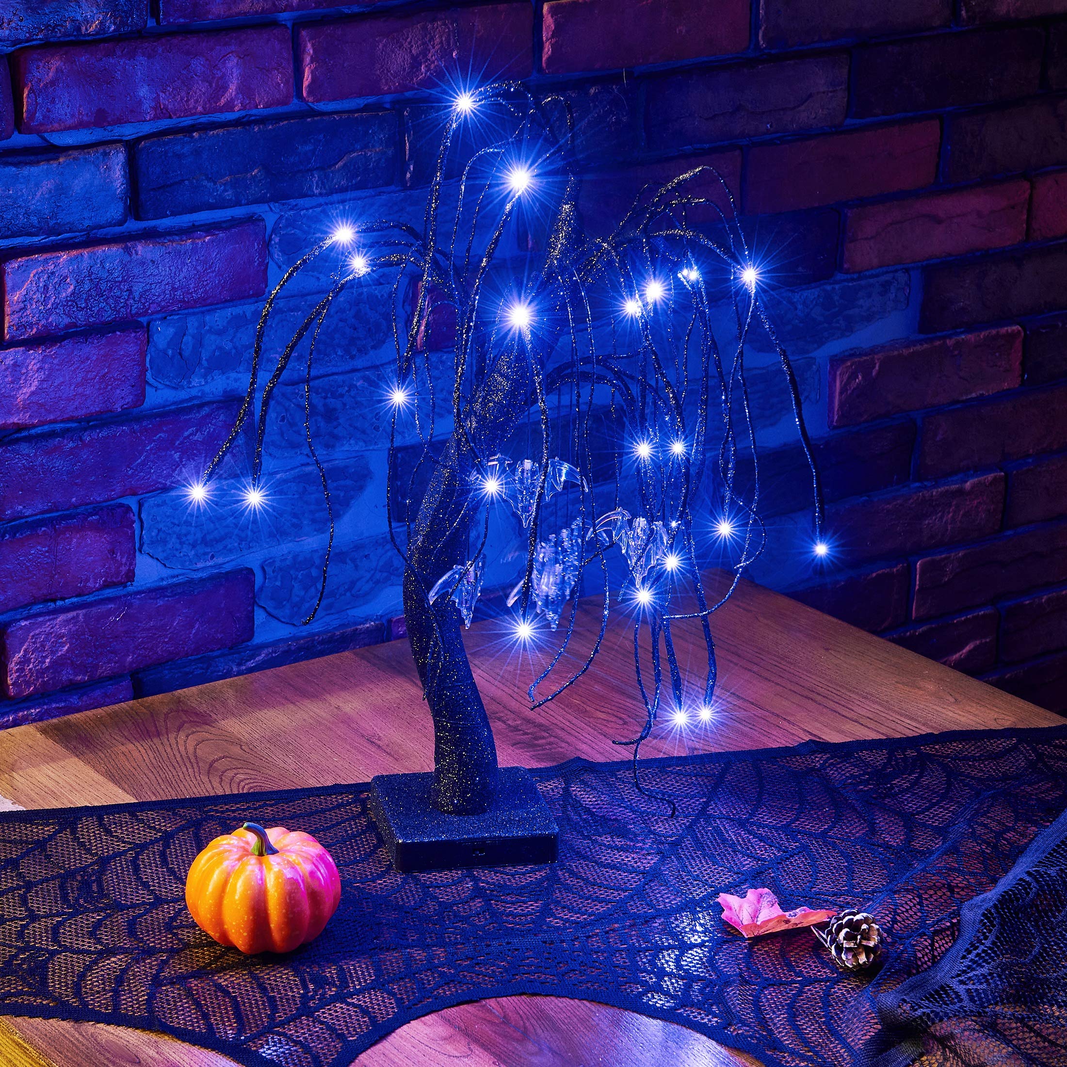 SAND MINE 24 LED Willow Tree Light with 6 Hanging Bats, Battery Operated Lighted Tree, Indoor Home Tabletop Tree Light Halloween Decorations, 18 Inch