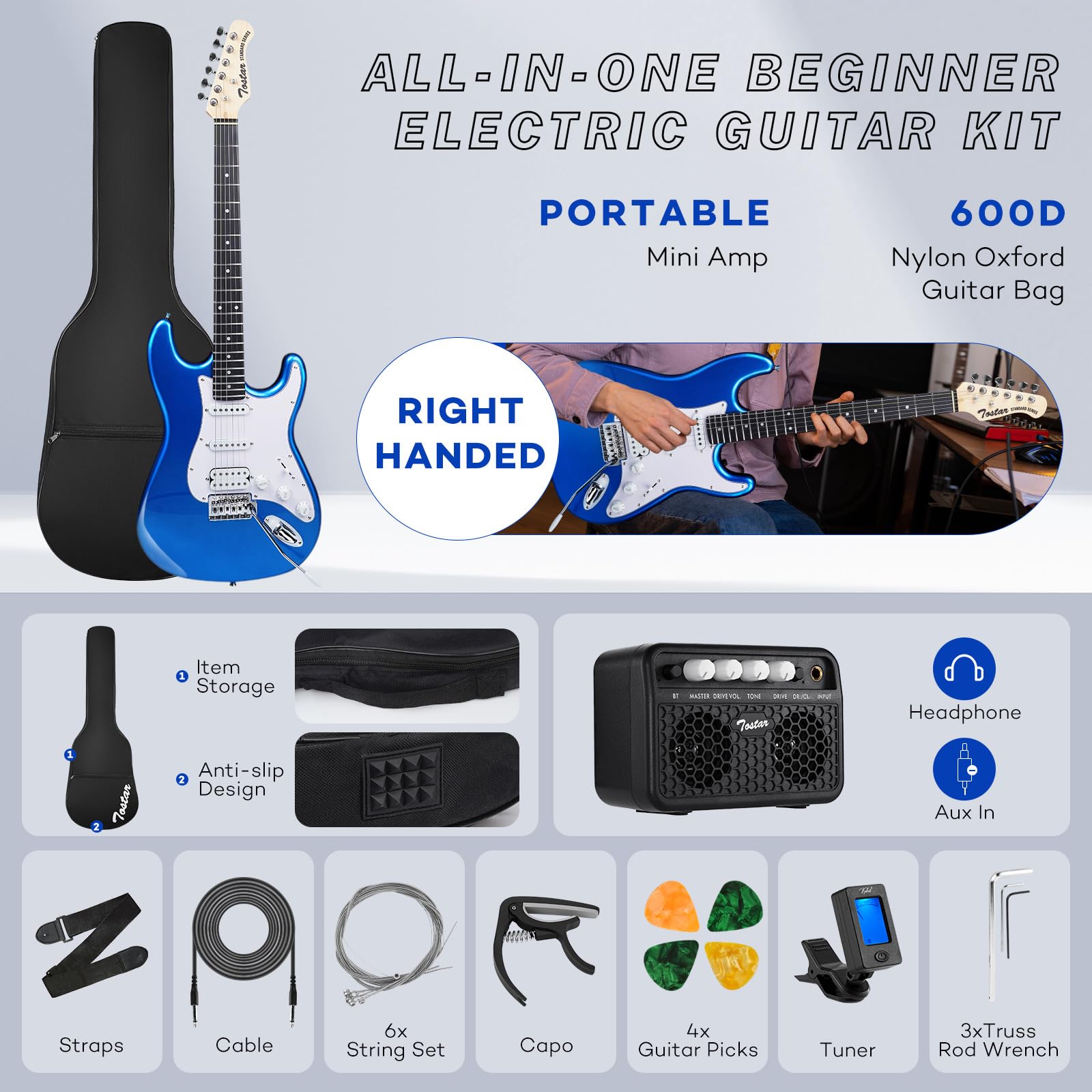 TOSTAR Electric Guitar Kit, 39 Inch Solid Wood Right Hand Guitar Electric for Beginners with Amp, HSS Pick Up, Poplar Body, Hand Polished(Lake Placid Blue)