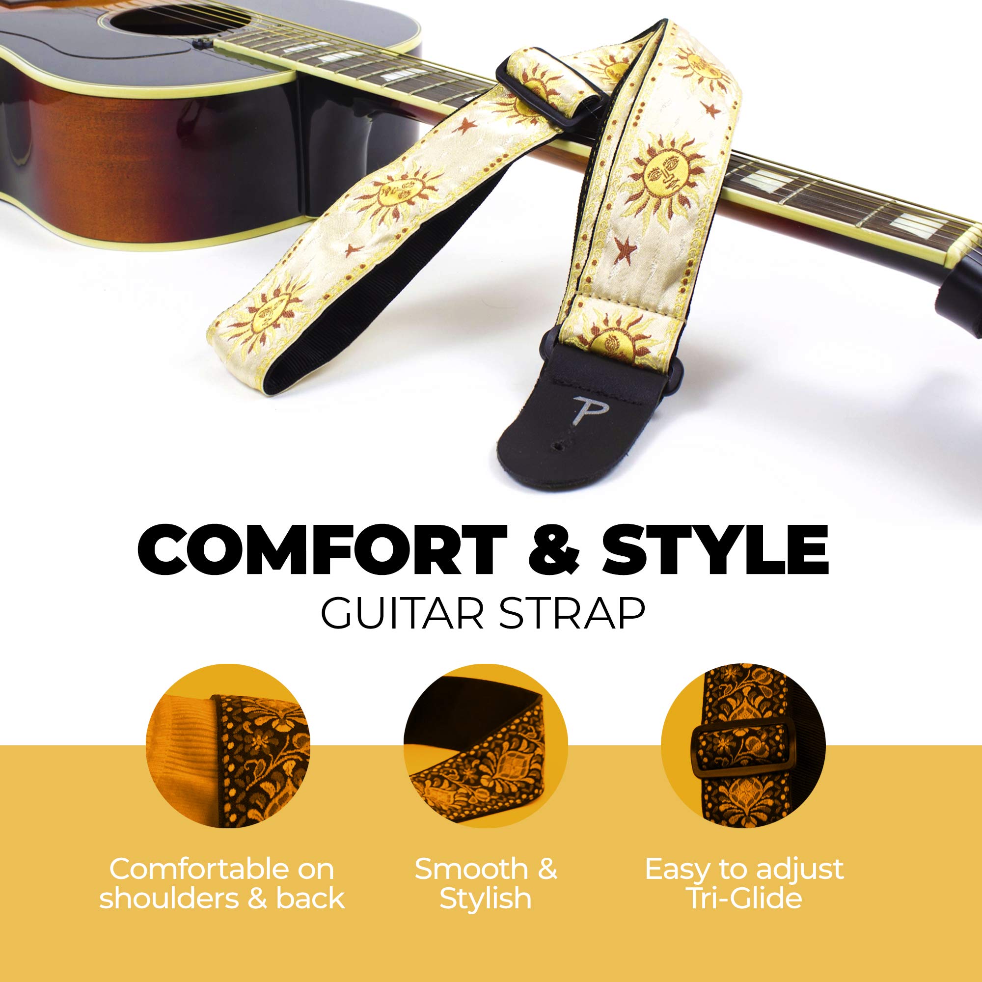 Perris Leather Guitar Strap - Sunshine Motif Jacquard Ribbon Guitar Strap, with Leather Ends - Electric/Acoustic/Bass Guitar Strap - Adjustable Strap From 39″ to 58″ - Gold