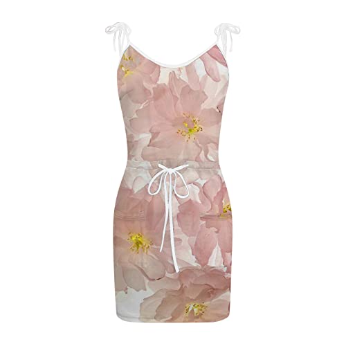 Tuxedo Women Summer Dress Loose V Neck Elegant Print Drawstring Set Sleeveless Swing Sling Strap Skirts Jean Pink