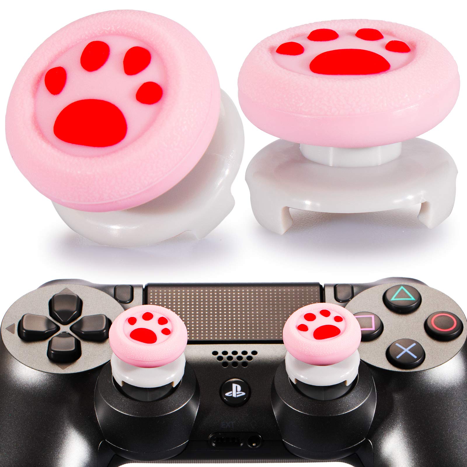 Playrealm FPS Thumbstick Extender & 3D Texture Rubber Silicone Grip Cover 2 Sets for PS5 Dualsenese & PS4 Controller (Cat Paw Coral)