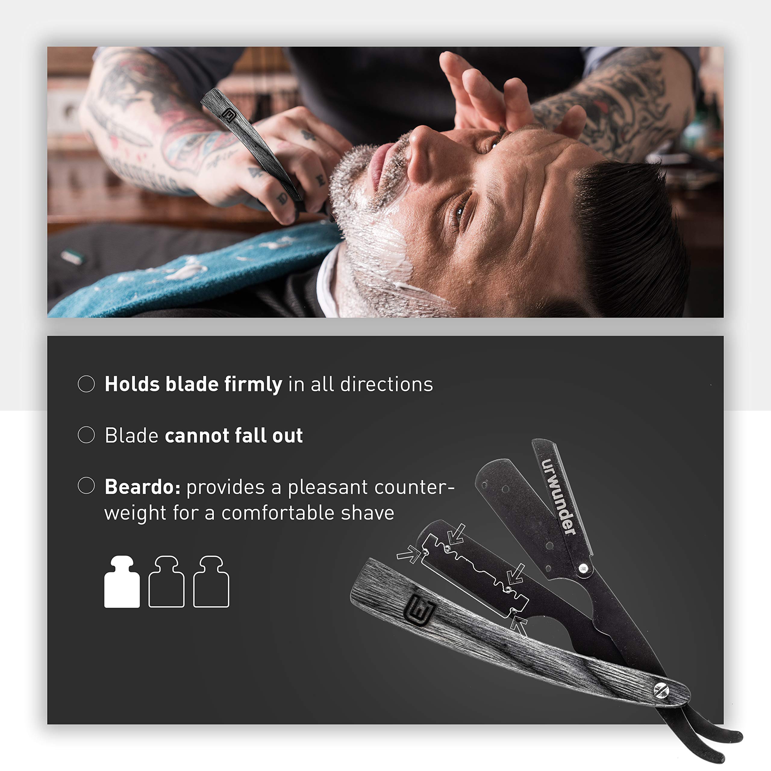 Precise German Straight Razor - urwunder - Beardo - Genuine Leather Case - Simple Manuals - 4-Pin Blade Holder [Black Arm/Black Wood]