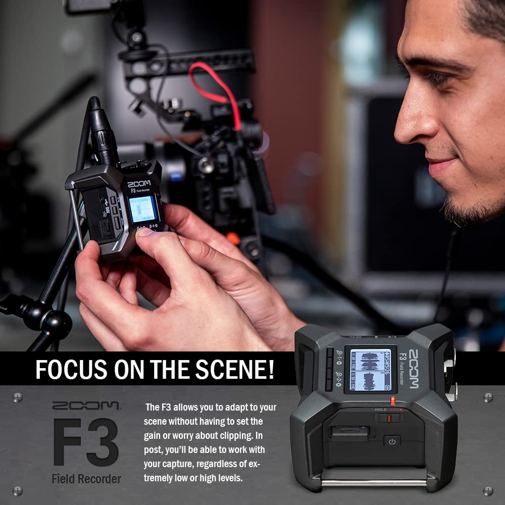 Zoom F3 Professional Field Recorder, (ZF3) 32-bit Float Recording, 2-Input / 2-Track Portable XLR/TRS Recorder, Battery Powered, w/Basic Bundle Xpix Headphones, 32GB, Table Tripod & More