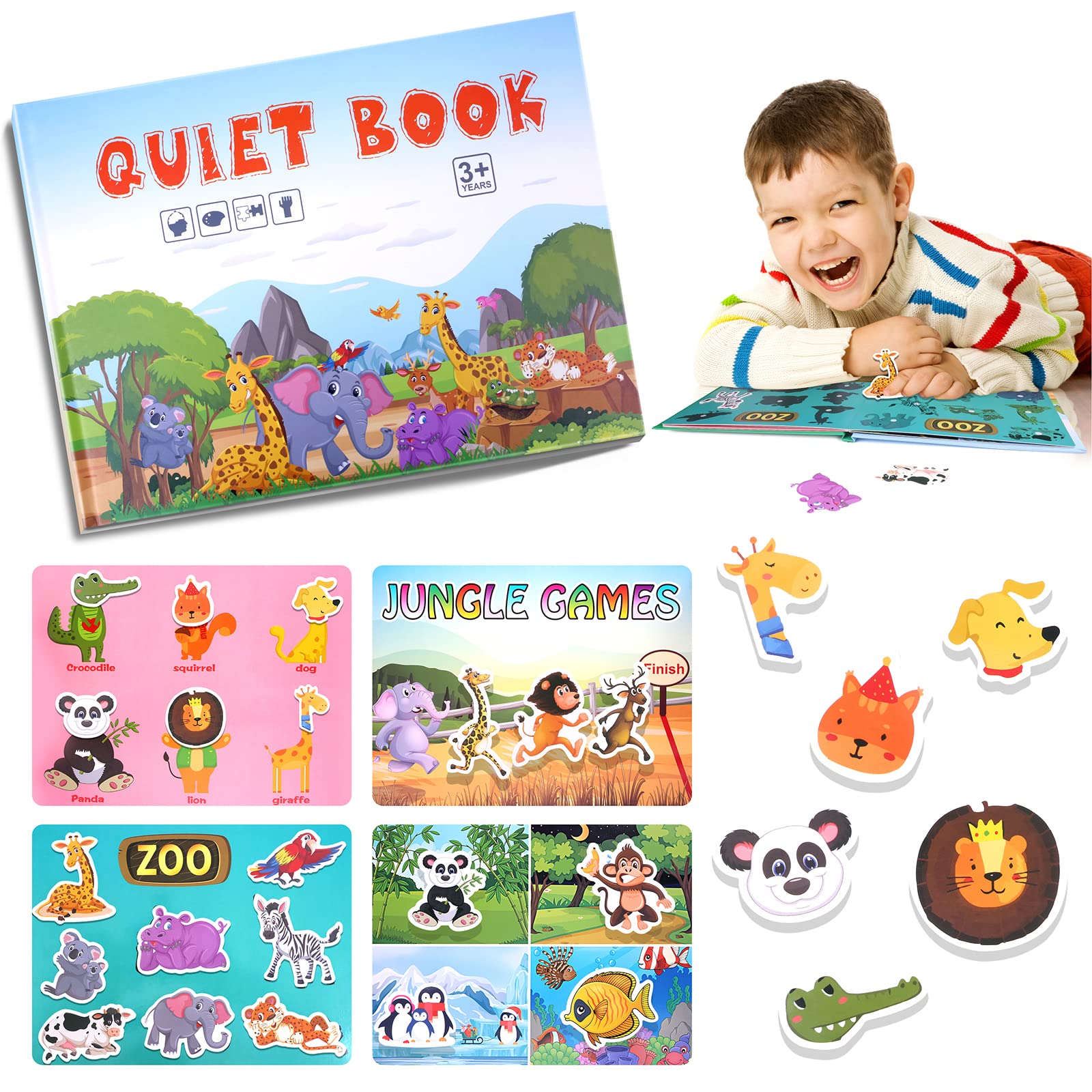 YAOFEER Busy Book for Toddlers 1-3, Montessori Busy Book Preschool Activity Sticker Quiet Books for Toddlers Kids Learning Book to Develop Learning Skills Multidimensional Sense Development- Animal
