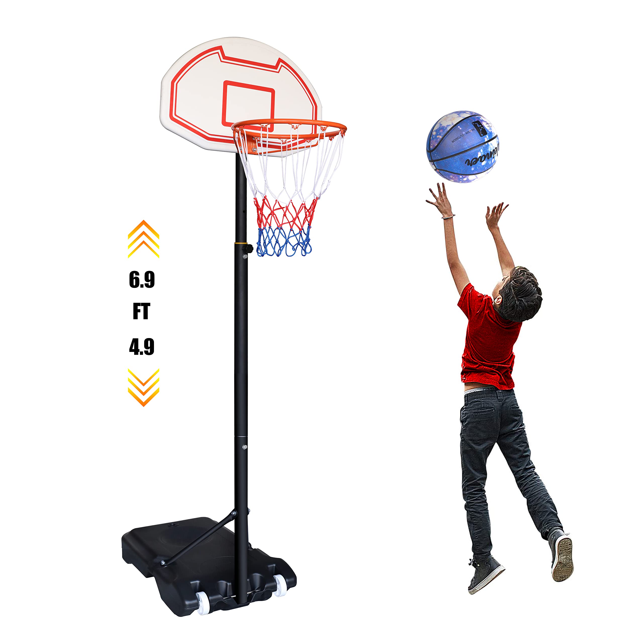 Touch Fish Products Youth Height-Adjustable Basketball Hoop,Portable Basketball Goal Outdoor,High Adjustable from4.9to6.9 FT,3.74 SF Backboard,Nylon Net - Multicolor