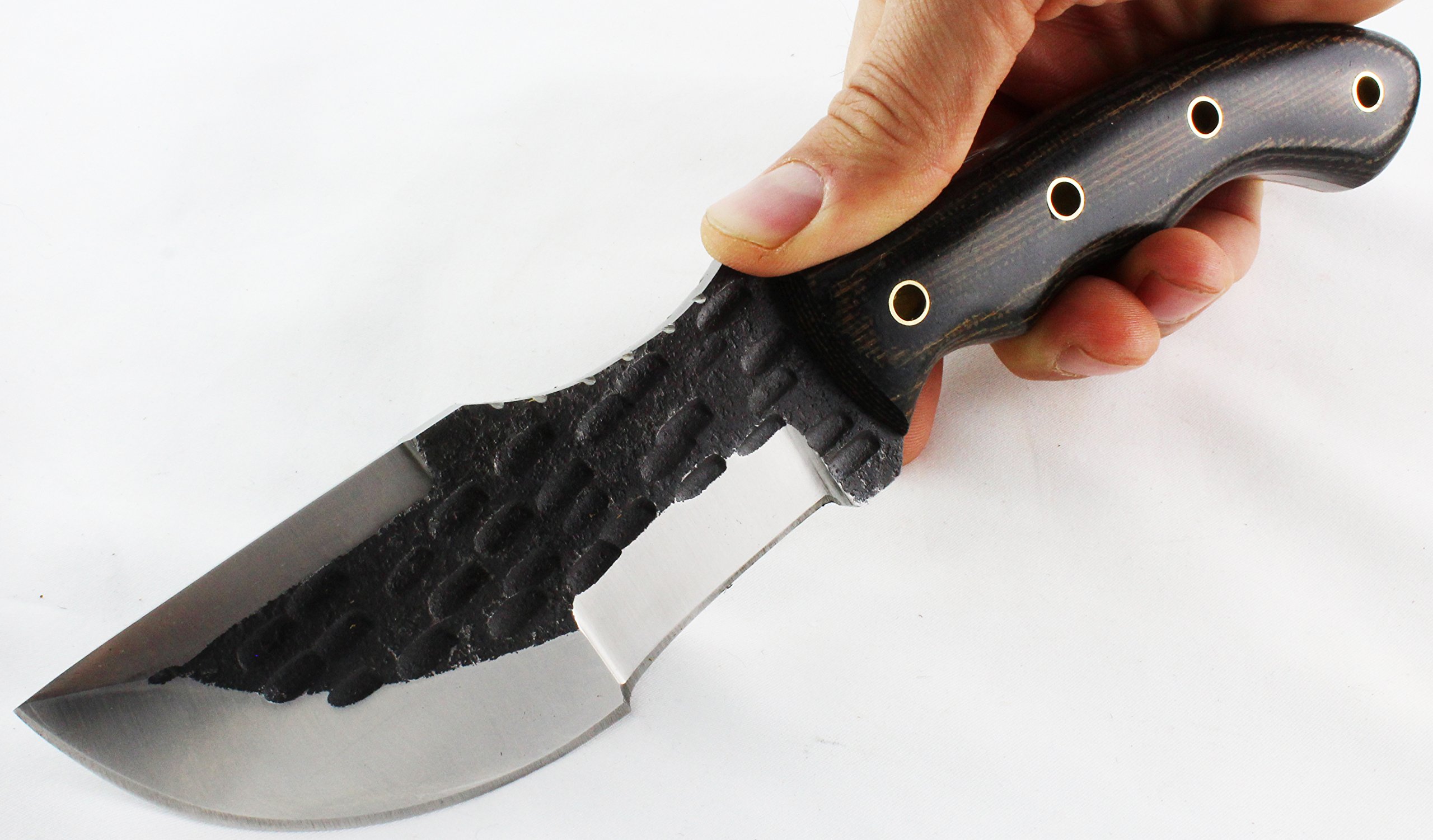 Moorhaus Handmade D2 Hammered Brown & Black G10 Tracker with Leather Sheath