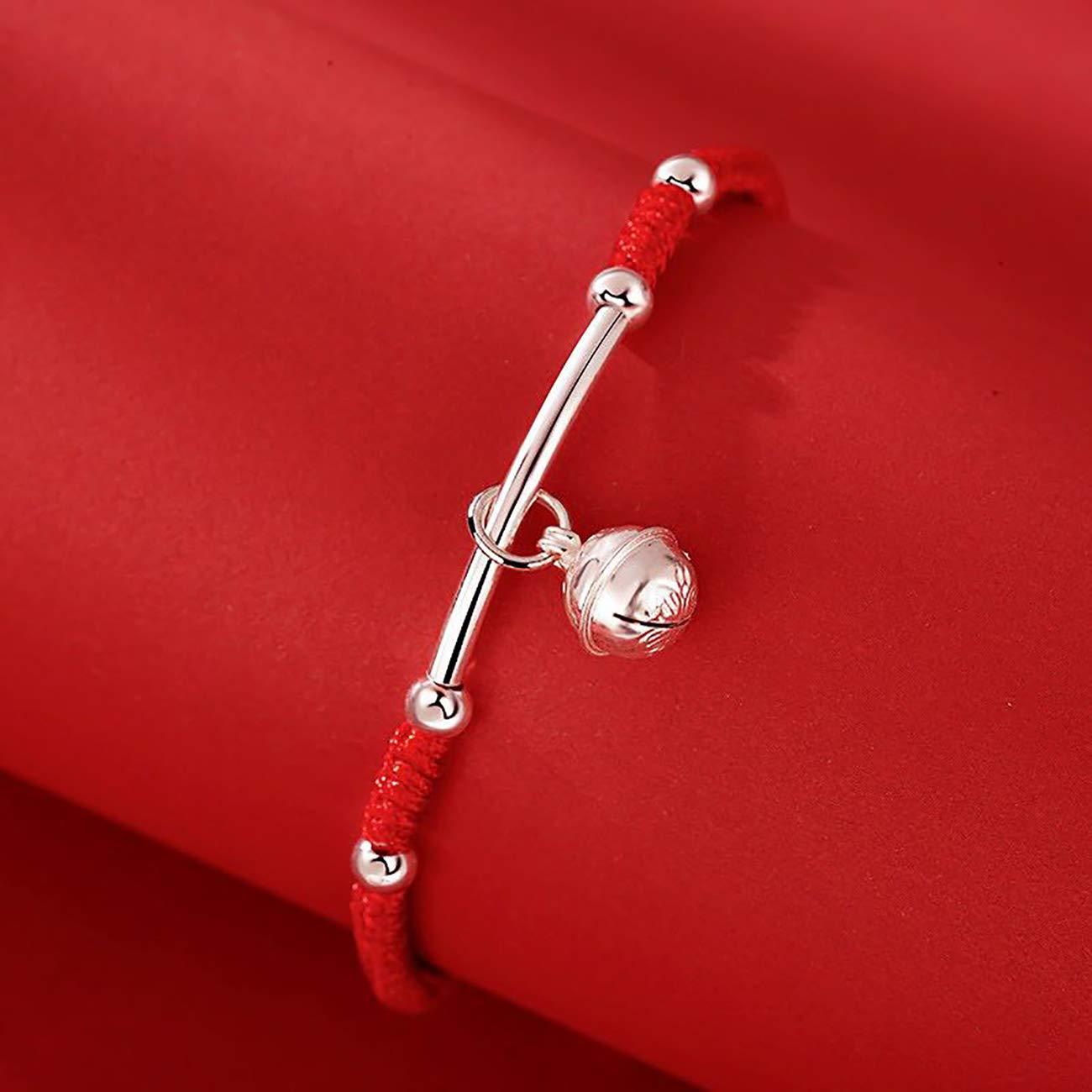NUOGIC Real S925 Sterling Silver Bell Lucky Red Rope Bracelet for Women Gift (Red