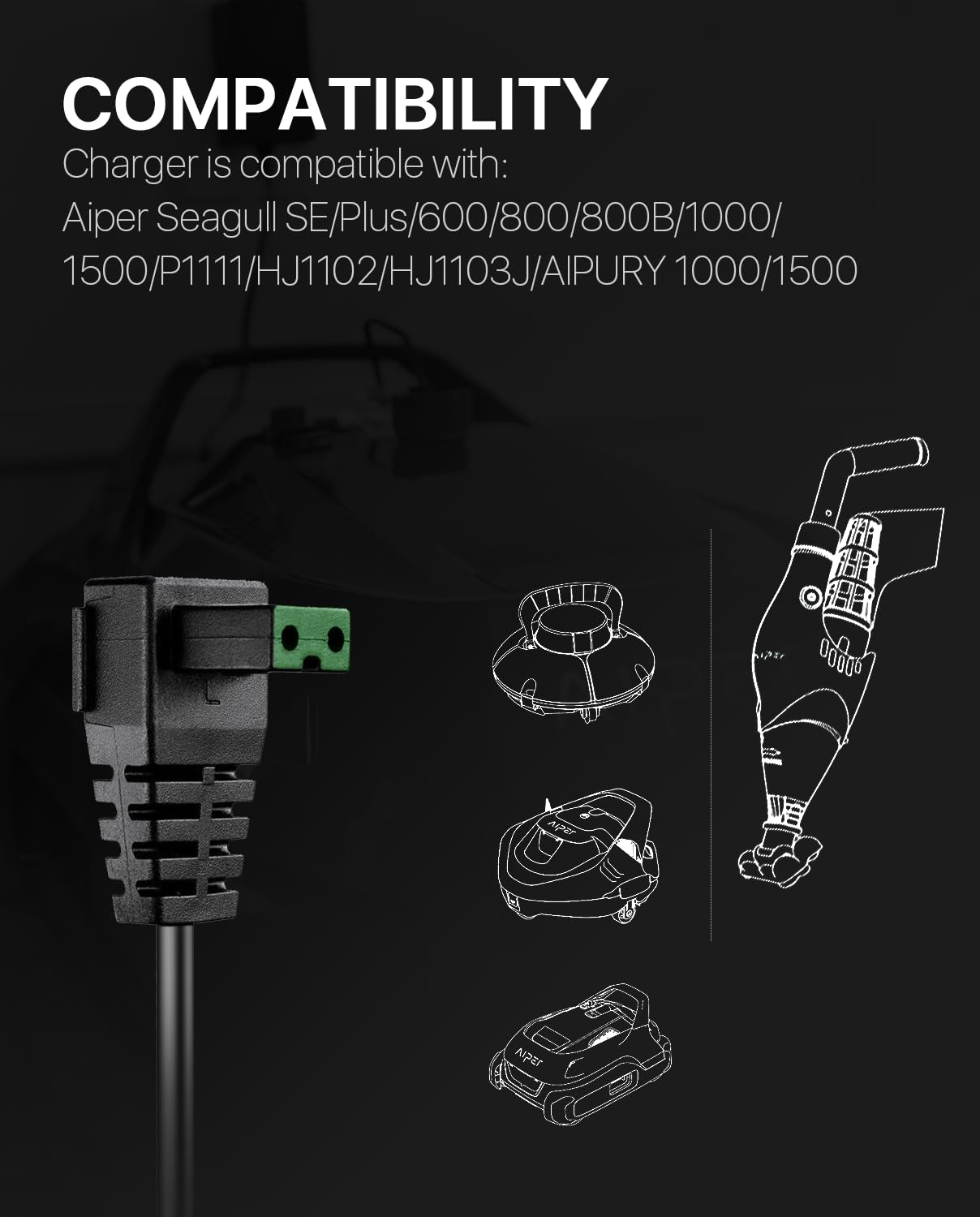 PowerGpt 12.6V 1.8A Original Charger for Aiper Seagull SE Plus 600 800 800B 1000 1500 P1111 HJ1102 HJ1103J AIPURY 1000 Cordless Automatic Robotic Pool Vacuum Cleaner Power Supply (UL Certification)