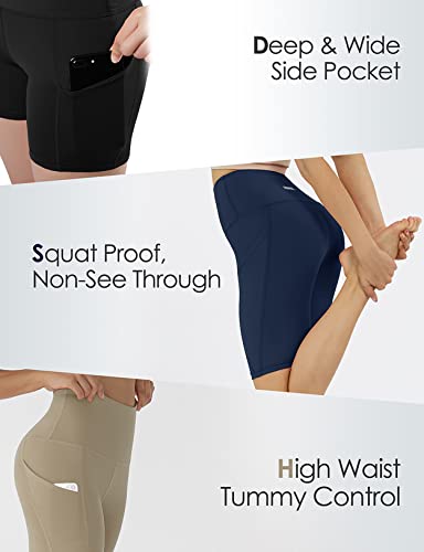 ODODOS Women's 4" High Waist Biker Shorts with Pockets, Tummy Control Non See Through Workout Sports Athletic Running Yoga Shorts, Black, Medium
