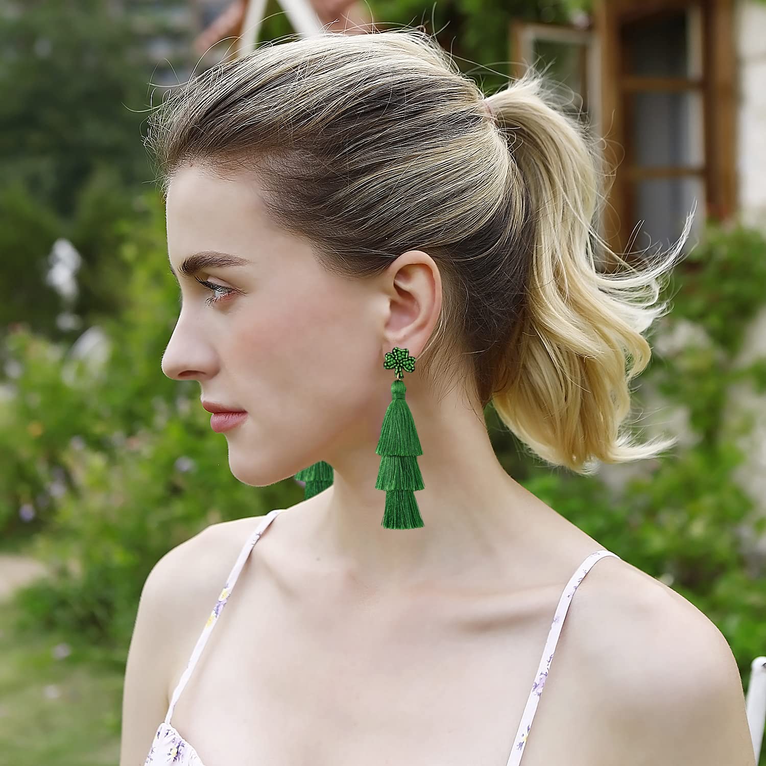 St.Patricks Day Earrings Green Clover Shamrock Beaded Earrings Handmade long Tassel Statement Dangle Earrings Jewelry for Women (St.patricks Earrings A)