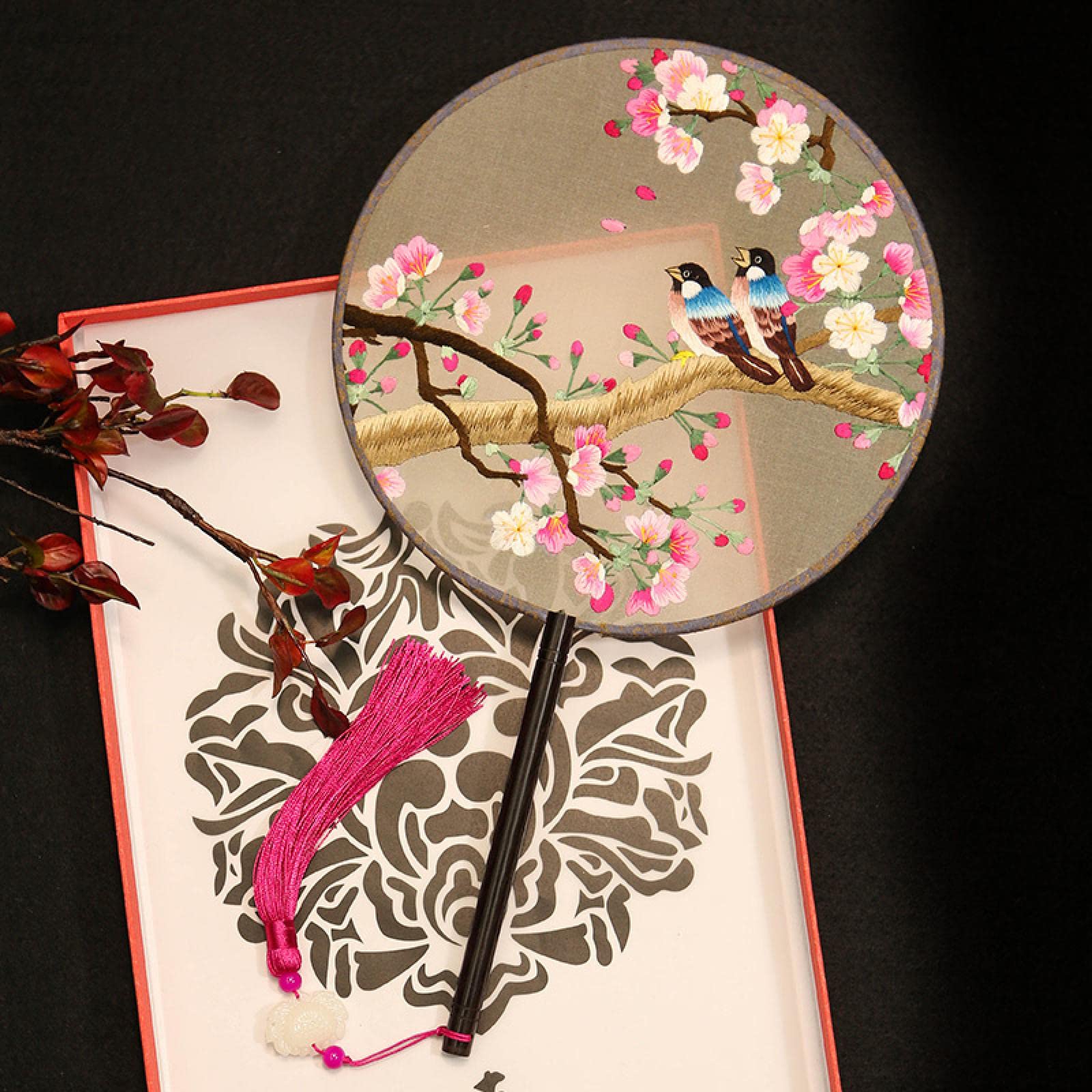 Wingfree 4 Pcs Chinese Style Embroidery Fan, Festival Hand Fans, Handheld Fan Foldable, Folding Fan (Colour Pattern Random) D