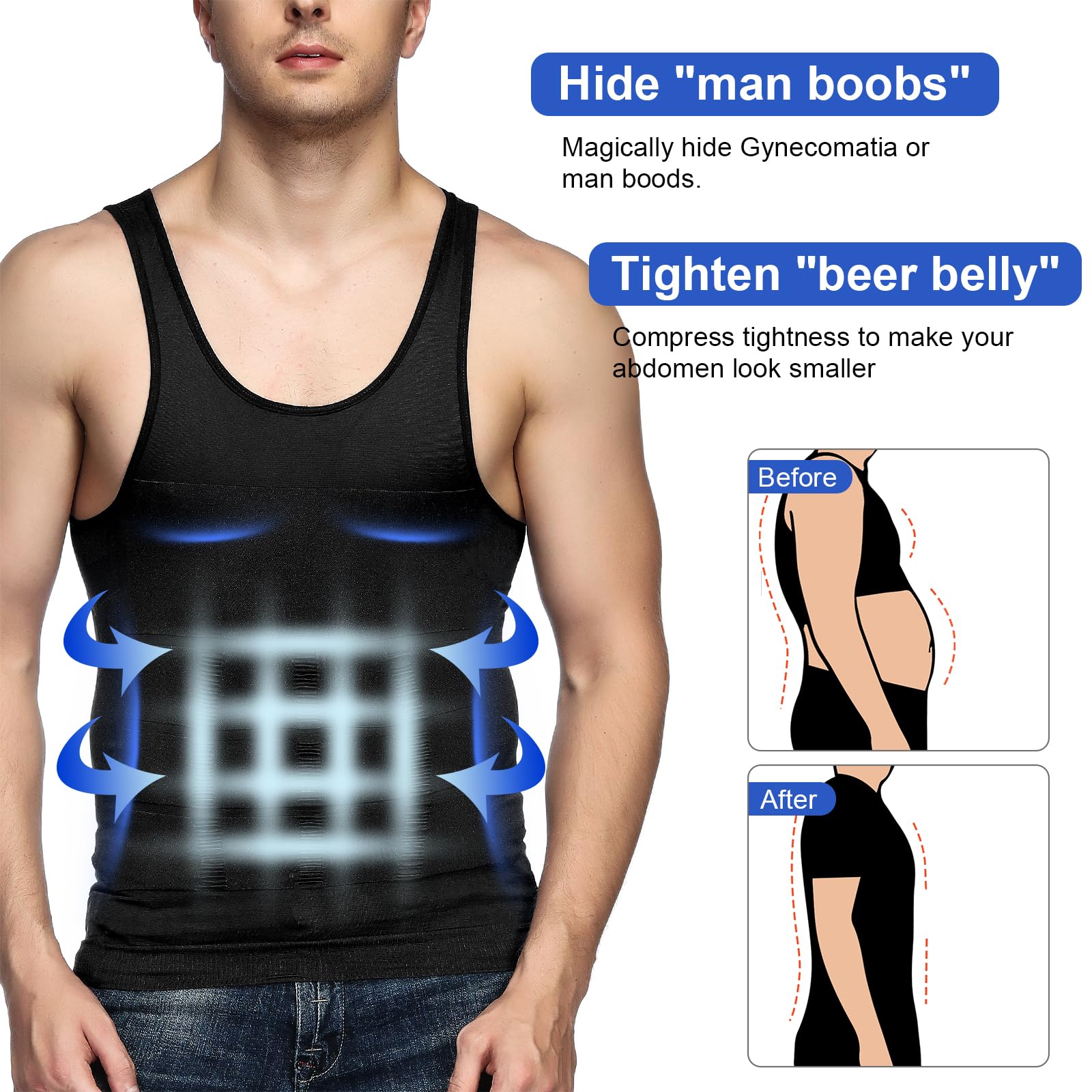 Odoland Men's Body Shaper Slimming Shirt Tummy Vest Thermal Compression Base Layer Slim Muscle Tank Top Shapewear, Black, M