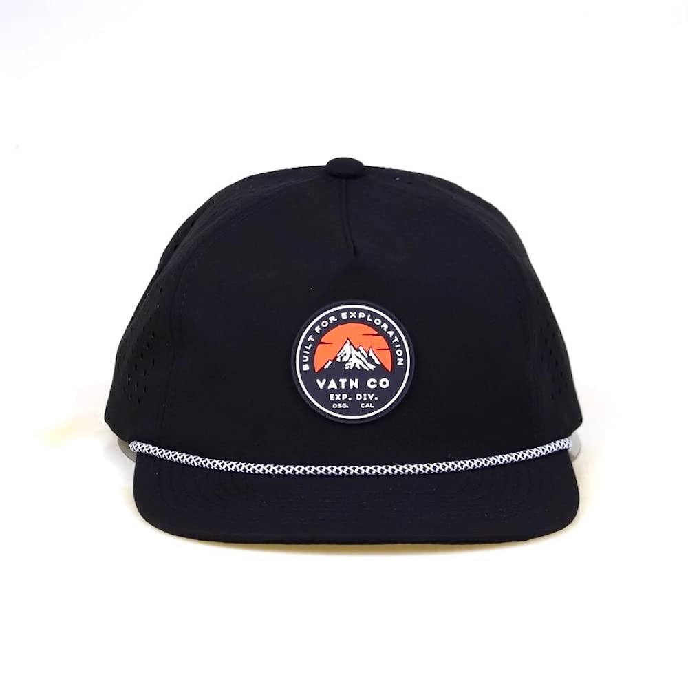VATN Rope Hat, Performance Unstructured, Flat Brim Snapback Hat, Water-Resistant Baseball Cap for Men & Women - Golf, Gym, Surf (Black - Mountain Patch)