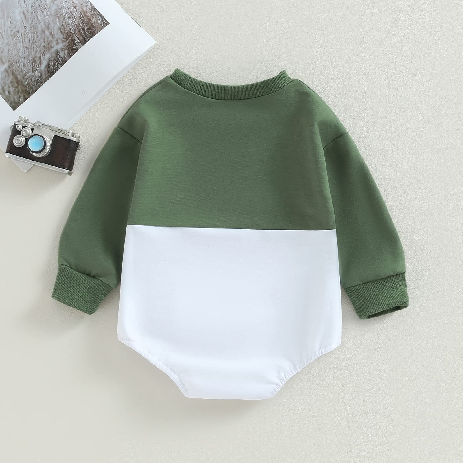 mlpeerw Newborn Boy Romper Outfit Long Sleeve Color Block Oversized Sweatshirt Fall Winter Infant Baby Bubble Onesie Clothes(Green, 6-12 Months)