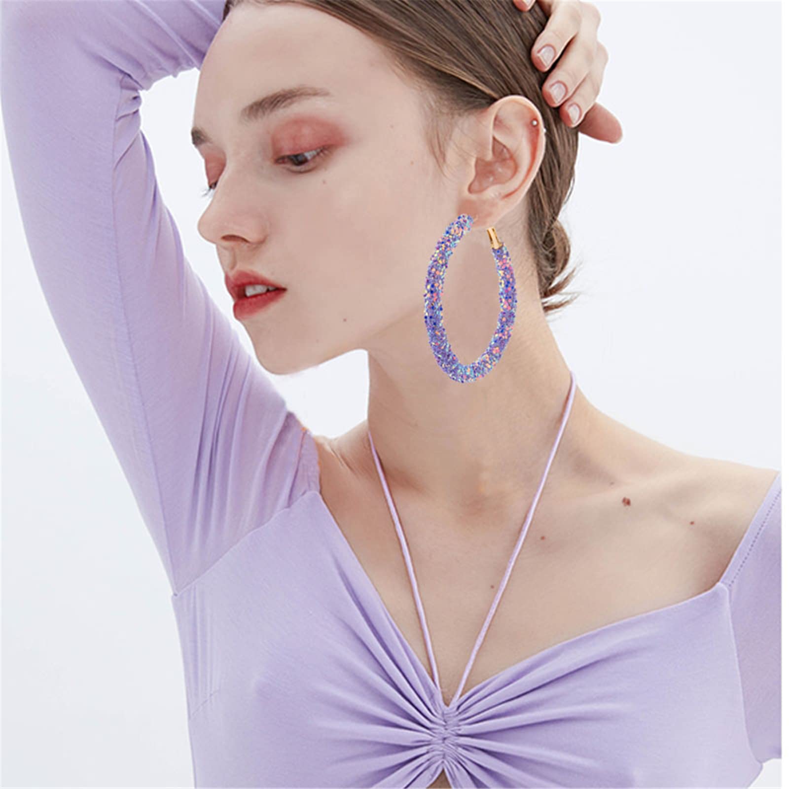 Sequins Hoop Earrings for Women Girls Handmade Bohemian Glitter Wrapped Gold Plated Dangle Drop Earring Circle Sequin Statement Earrings Boho Jewelry (Purple)