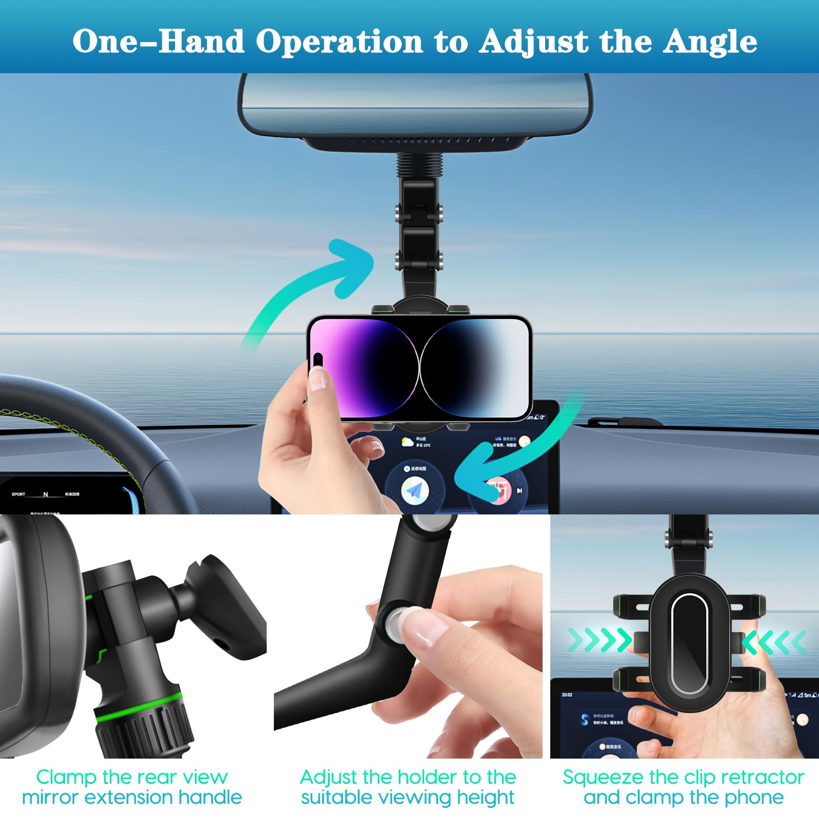 Rear View Mirror Phone Holder for Car, 360° Rotatable and Retractable Car Phone Holder Mount, Upgraded Universal Rearview Mirror Car Cell Phone Holder Fit All iPhone Android Mobile Phone & Most Car