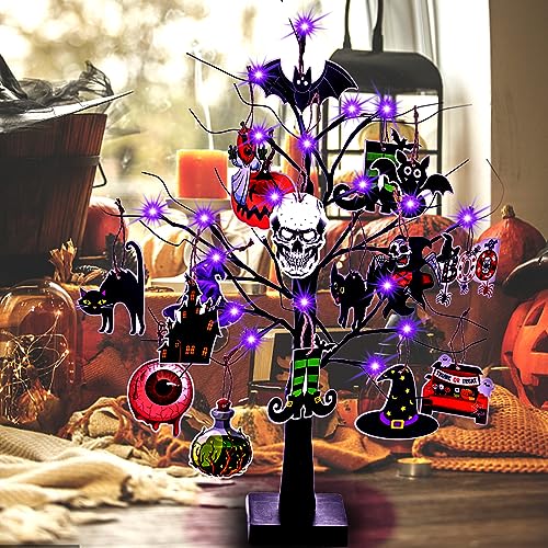 RJZZ 24LED Lighted Halloween Tree 2FT Hocus Pocus Decor Spooky Tree with 21pcs Hanging Ornaments Halloween Decorations Indoor USB/Battery Operated Halloween Decor for Table Centerpiece, Office