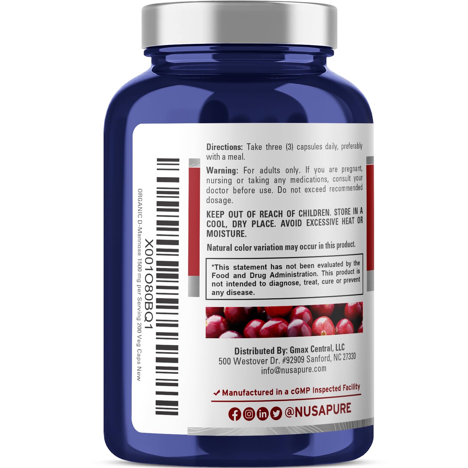 NusaPure D-Mannose 1500 mg per Serving - 200 Vegetarian Capsules (Organic, Non-GMO, Gluten-Free)