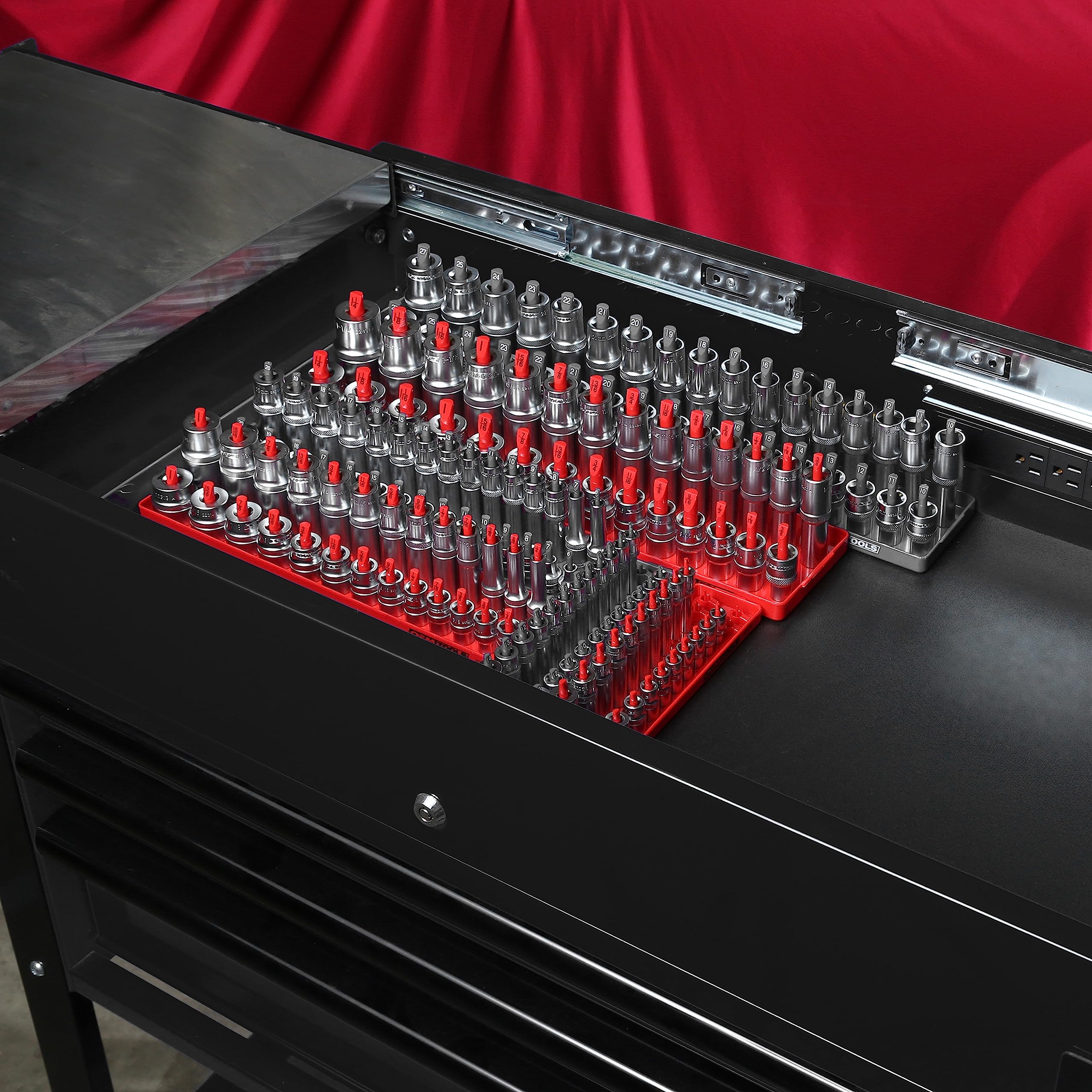 OEMTOOLS 22413 6 Piece SAE and Metric Socket Tray Set, SAE and Metric Socket Storage for Sizes 1/4", 3/8β, and 1/2" Drive, Socket Holders and Socket Organizer Tray for Toolbox, Red/Grey