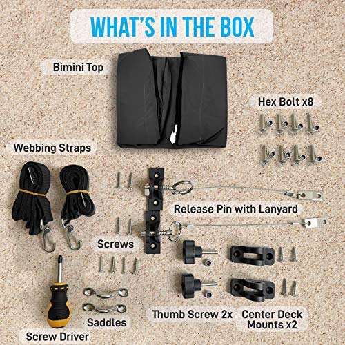SereneLife Waterproof Boat Bimini Top Cover-61-66'W 3 Bow Bimini Top Canvas Sun Shade Boat Canopy-1' Double Wall Aluminum Frame Tube,2 Straps 2 Rear Support Poles,Storage Boot-SLBT3BK661(Black)