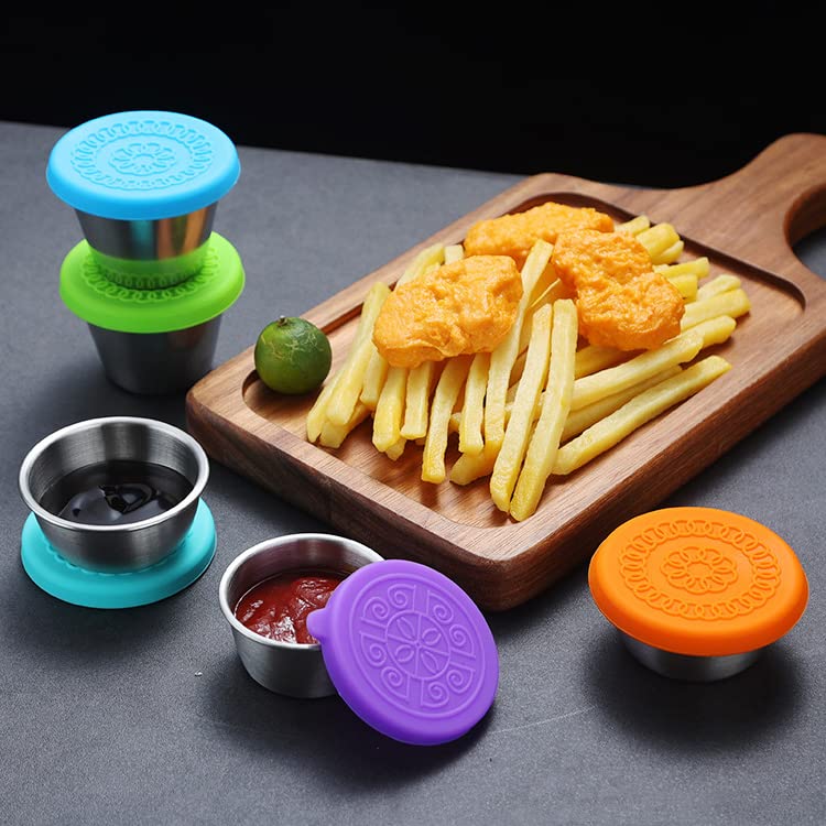 ZQXUNMQ 6pack Salad Dressing Containers To Go,2.4oz Small Condiment Containers With Lids, Stainless Steel Condiment Cup Dipping Sauce Cups Container For Lunch Bento Box Leakproof Silicone Lids