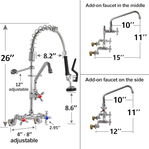 YooGyy Commercial Wall Mount Kitchen Sink Faucet Pre-Rinse Device 26" Height 4'' to 8'' Center with Spring Pull Down Sprayer and 10" Add-on Spout,Brass Constructed Polished Chrome
