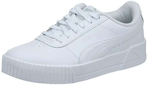 PUMA Womens Carina Leather Sneaker, PUMA Womens White-PUMA Womens White-PUMA Womens Silver, 6.5