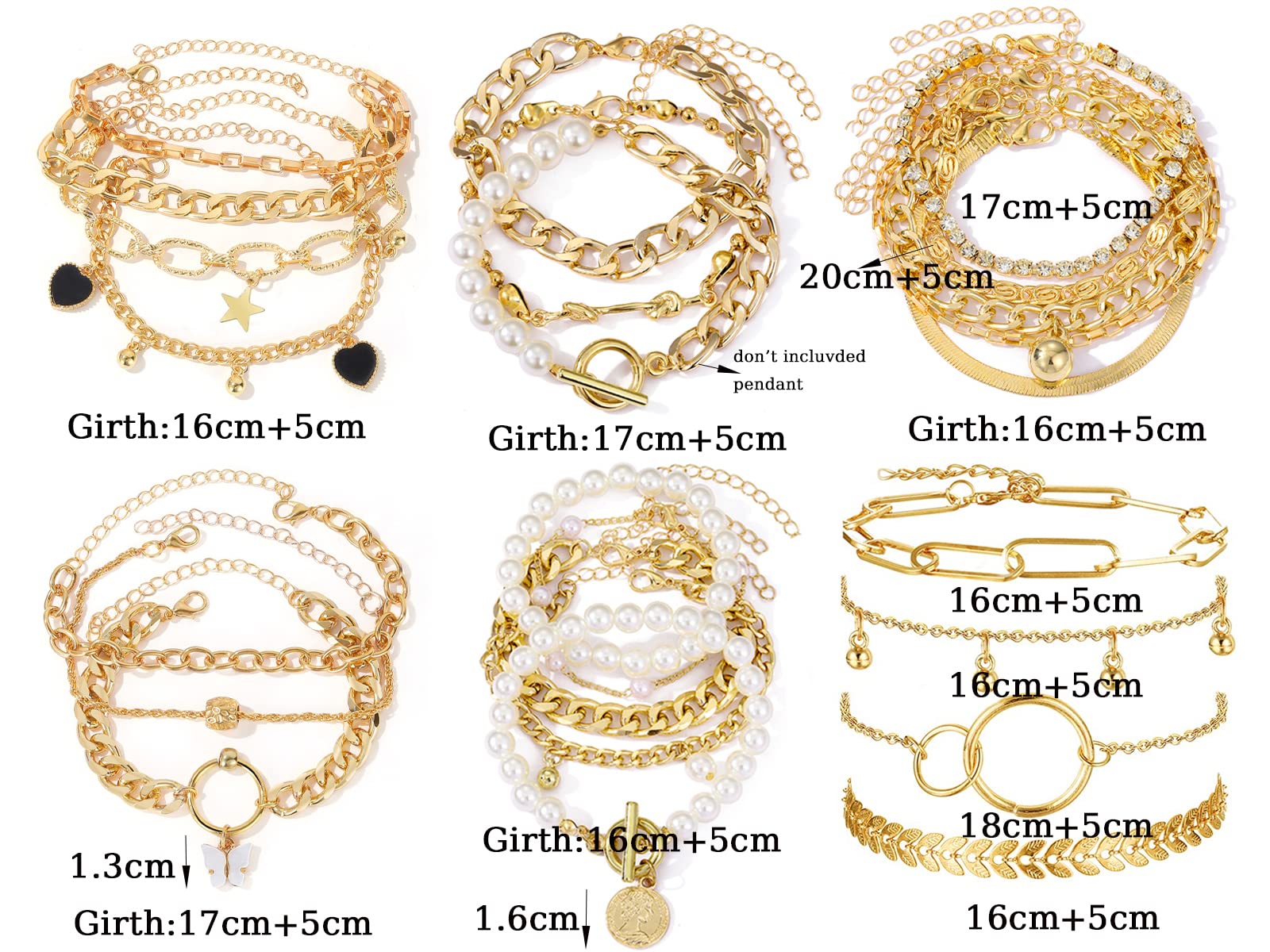 ZOVOLI 16-24PCS Dainty Gold Plated Chain Bracelets for Women Chunky Layered Stackable Snakebone Chain Boho Punk Adjustable Cuban Link Trendy Pearl Heart Bear Charm Paperclip Chain (16pcs)