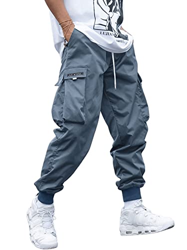 Romwe Men's Flap Pocket Drawstring Elastic Waist Letter Graphic Street Cargo Pants Dusty Blue M