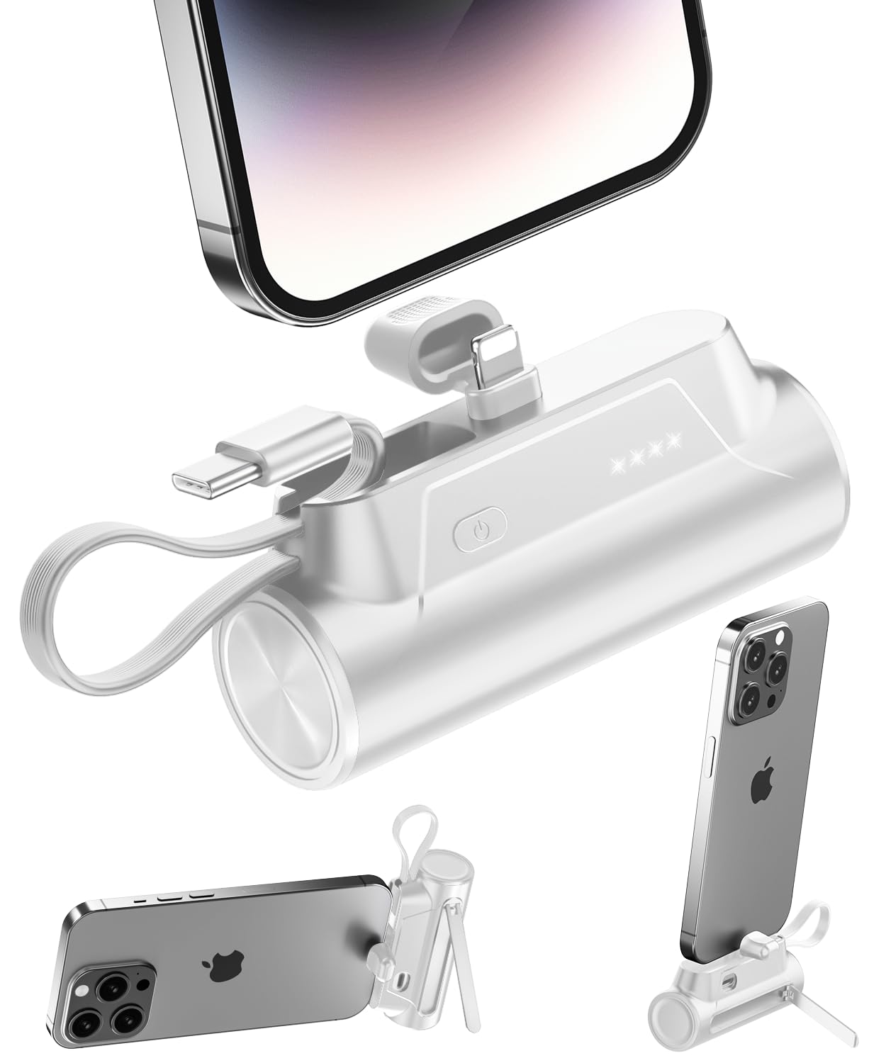 Portable Charger, Power Bank, 5800mAh Small Portable Phone Charger 5V3.1A Fast Charger Built-in Type-C Cable and Phone Holder Cute Battery Pack for iPhone and Android Phone(White)