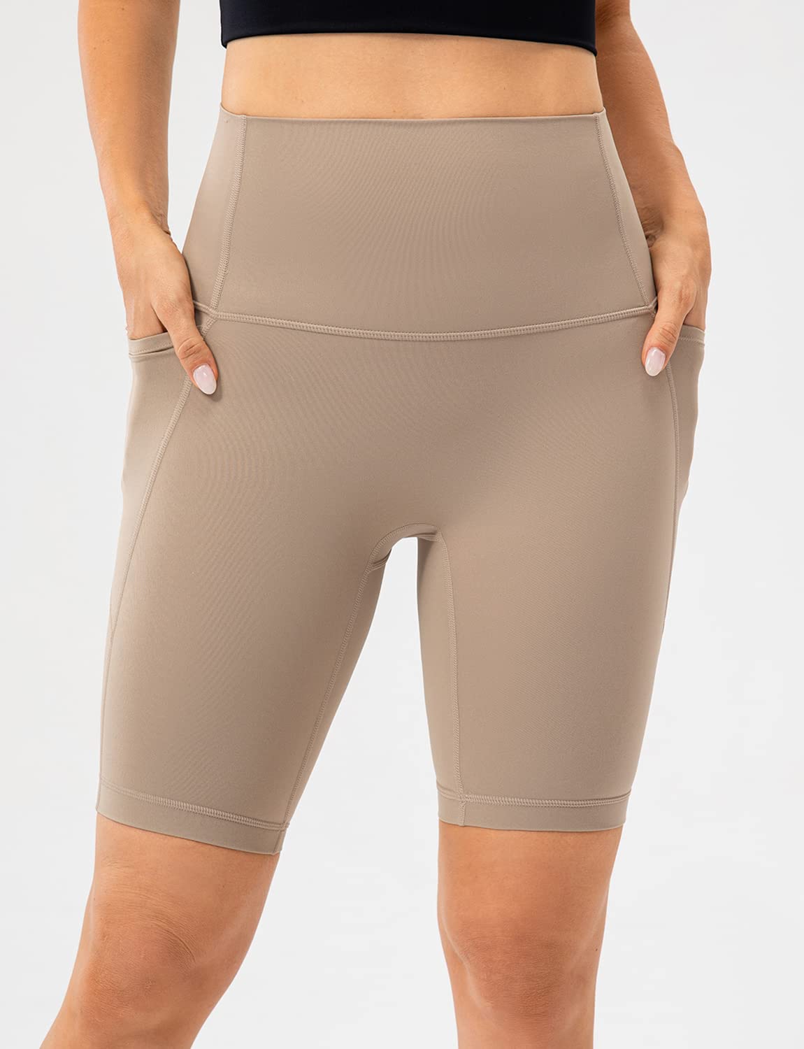 Ukaste Women's Studio Essential High-Rise Yoga Shorts with Pockets 8" - Buttery Soft Workout Active Shorts (Khaki, 6)
