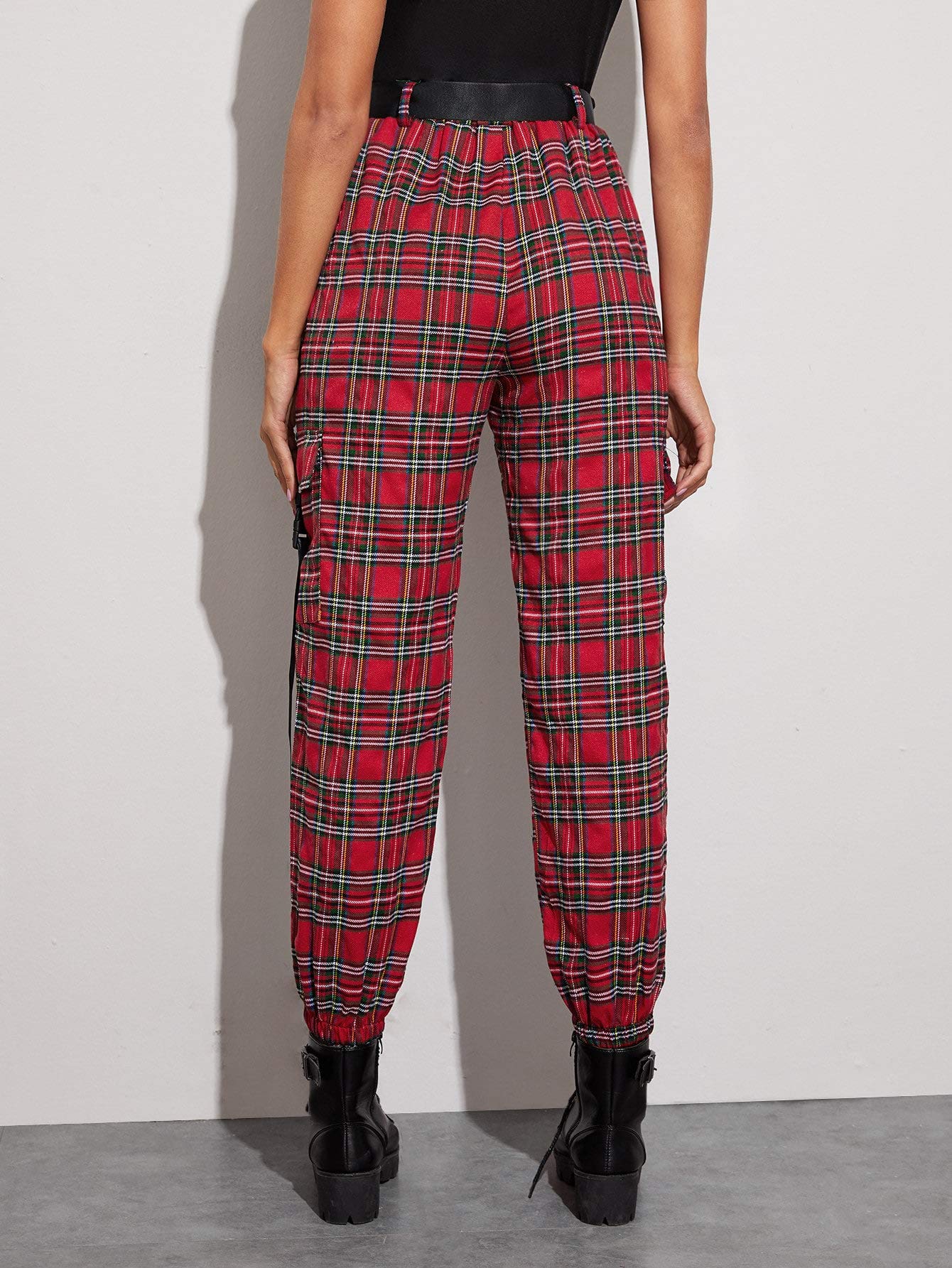 Romwe Women's Workout Jogger Pants Lightweight Hiking Outdoor Cargo Sweatpants with Belted Tartan Small