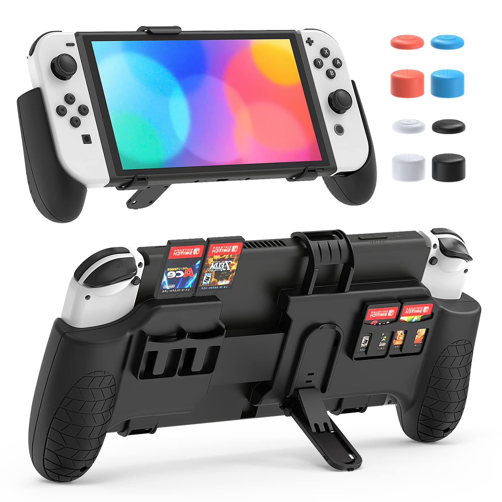 Universal Handheld Grip Case for Switch OLED, YUANHOT 3-in-1 Upgraded Ergonomic Grip Handle Holder with Adjustable Stand and Game Slots Compatible with Switch, Switch OLED & Lite Console - Black