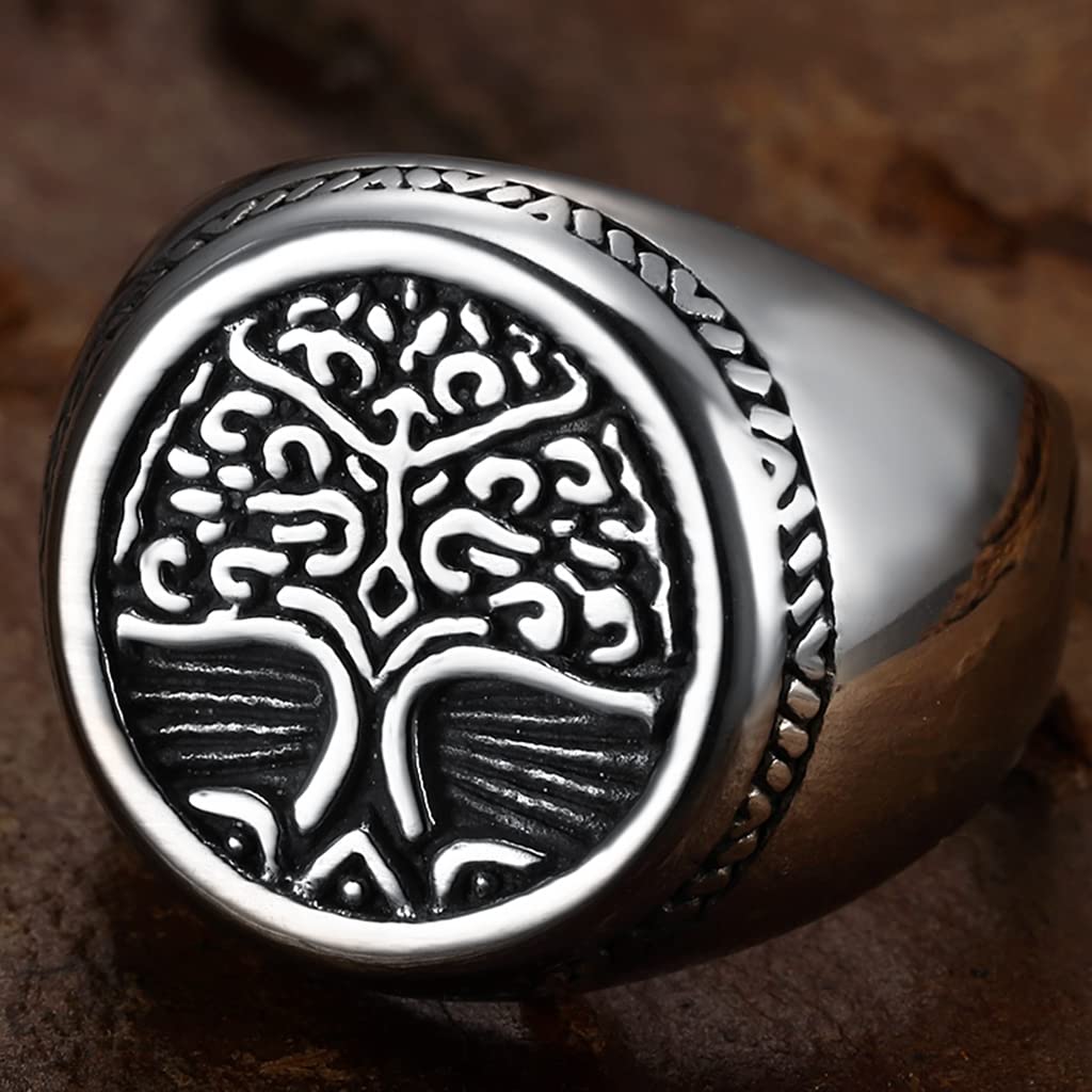 Stainless Steel Vintage Retro Antique Round Signet Tree of Life Pattern Wedding Statement Biker Ring (Silver, 14)