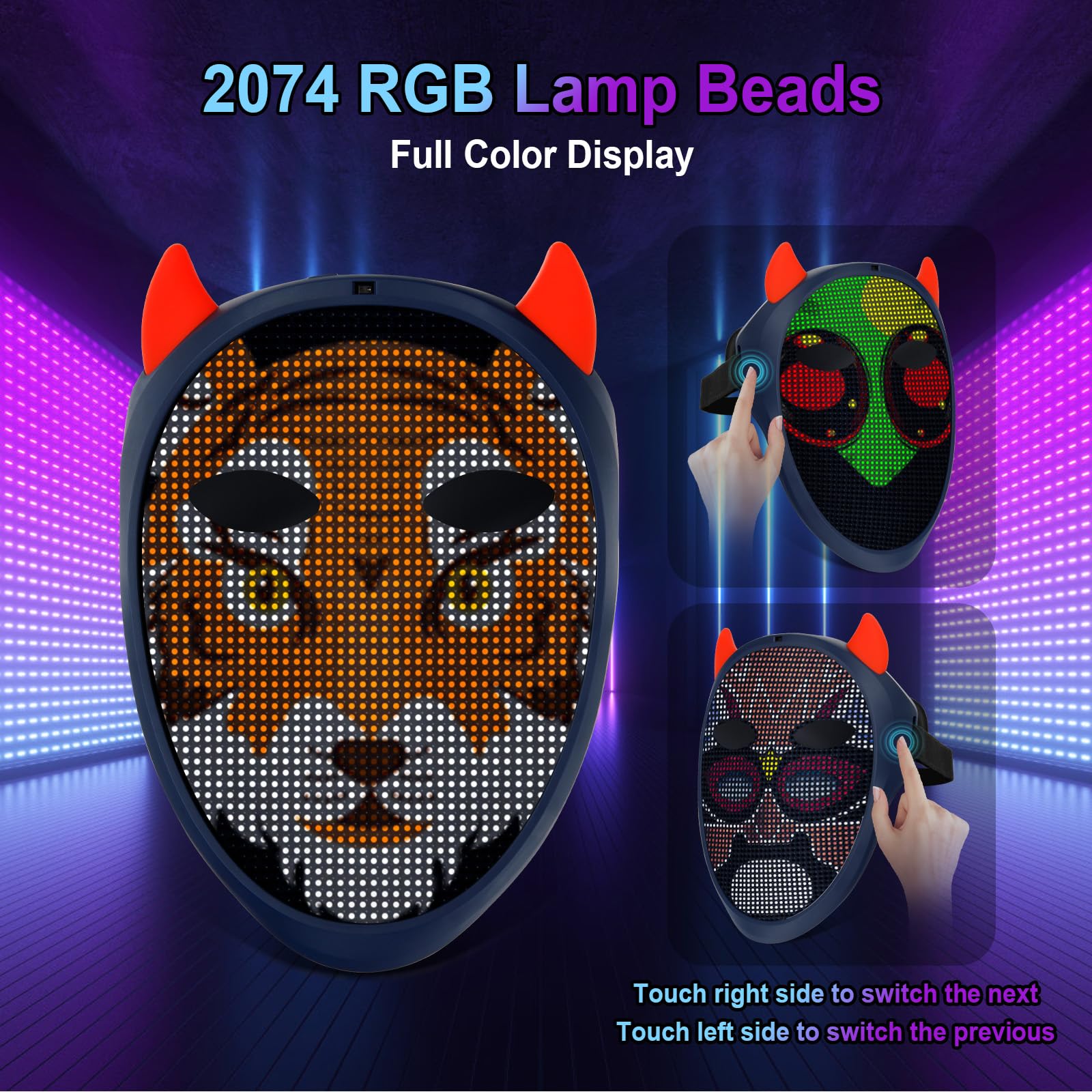NAFEELION LED Mask with Bluetooth Compatible App Controlled, Rechargeable Halloween LED Light Up Face Mask with Inter Gesture Sensing, Suitable for Costume Cosplay Halloween Party Masquerade