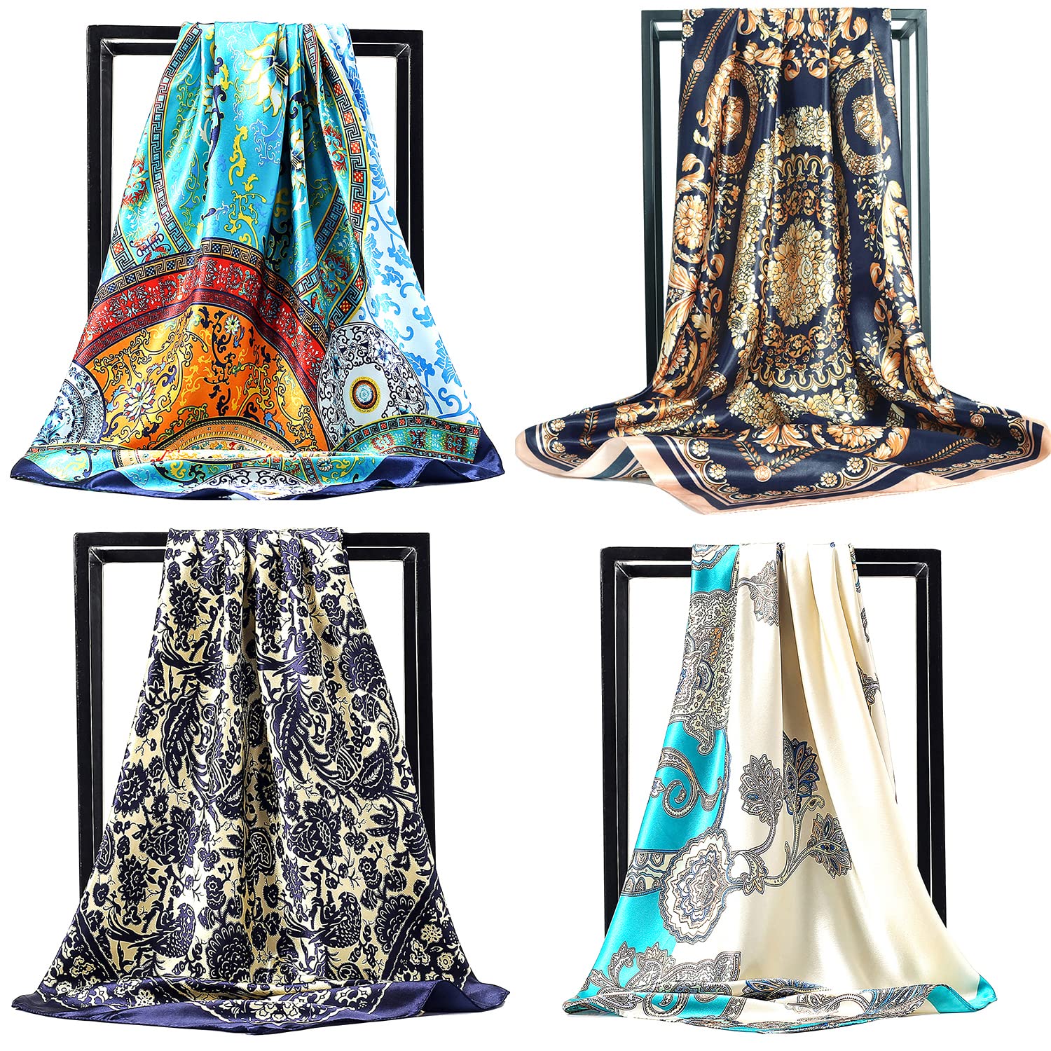 NUWEERIR 4pc Womens Large Square Scarf Set Silk Feeling Satin Solid Hair Wrapping 35x35 inches (Set 5)