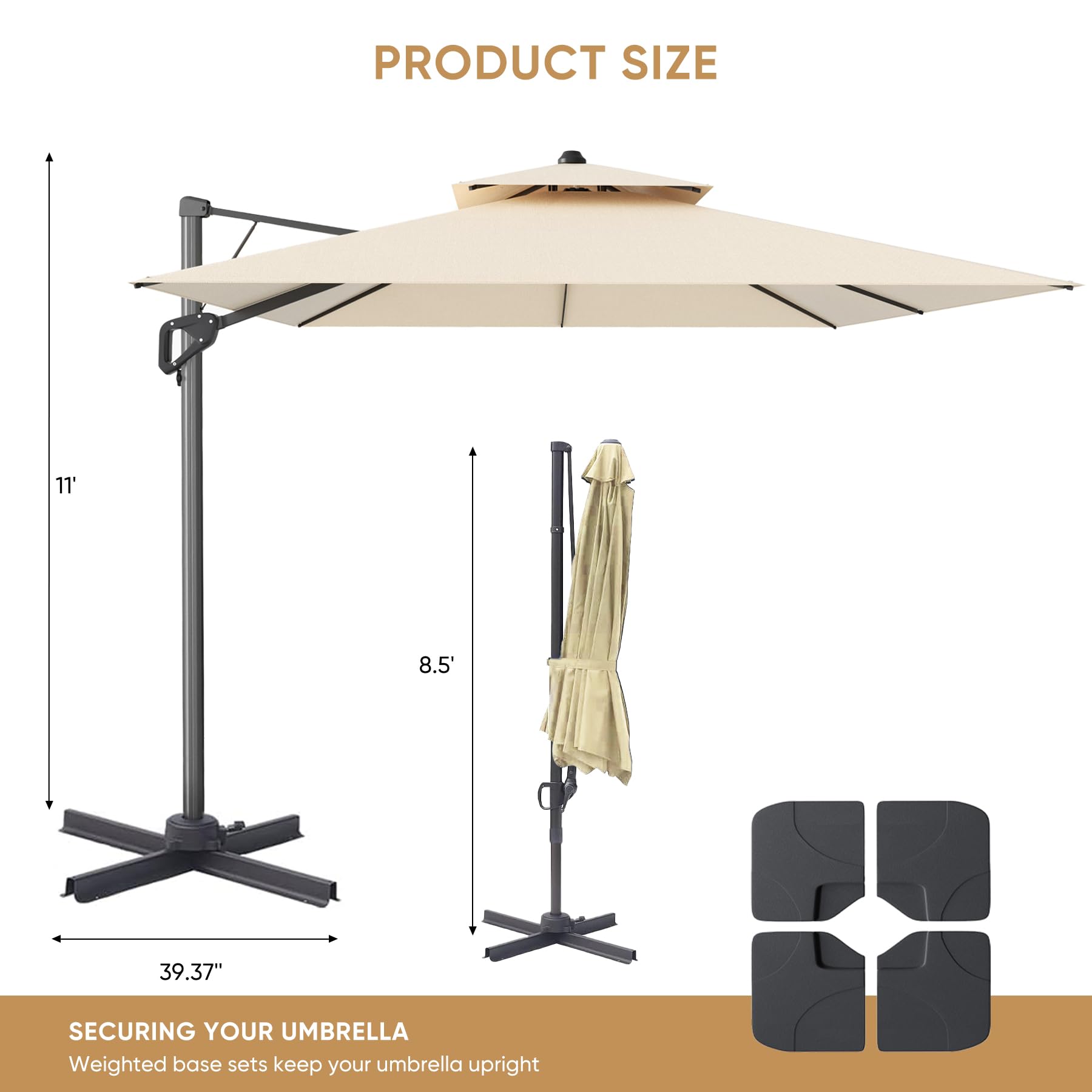 Nalupatio Patio Umbrella 10FT Outdoor Square Umbrella Large Cantilever Patio Umbrella 360°Rotation Hanging Double Top Offset for Garden Deck Patio