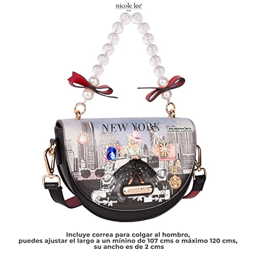 Nicole Lee Shoulder Bag with Pearls Bows, Small Flap Handbag with Removable Crossbody Strap (Success in New York)