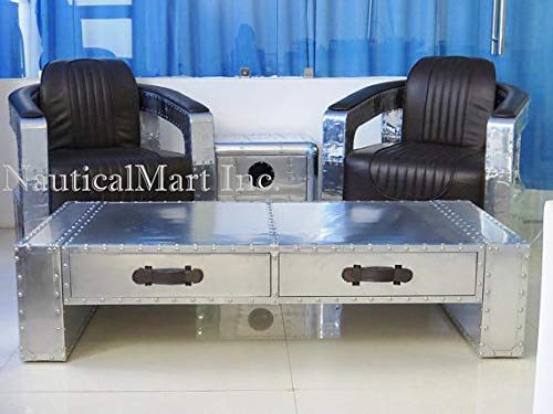 NauticalMart Vintage Aluminum Aviator Chair with Black Hawk Coffee Table Trunk Industrial Office & Home Furniture