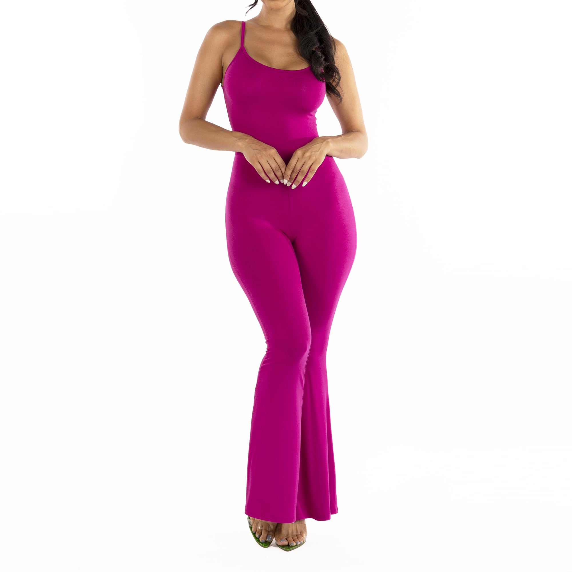 OFENTI Sleeveless Flared Leg Bodycon Jumpsuit with Adjustable Strap - Full Length Unitard Bell Bottom One Piece Jumpsuit Magenta X-Small
