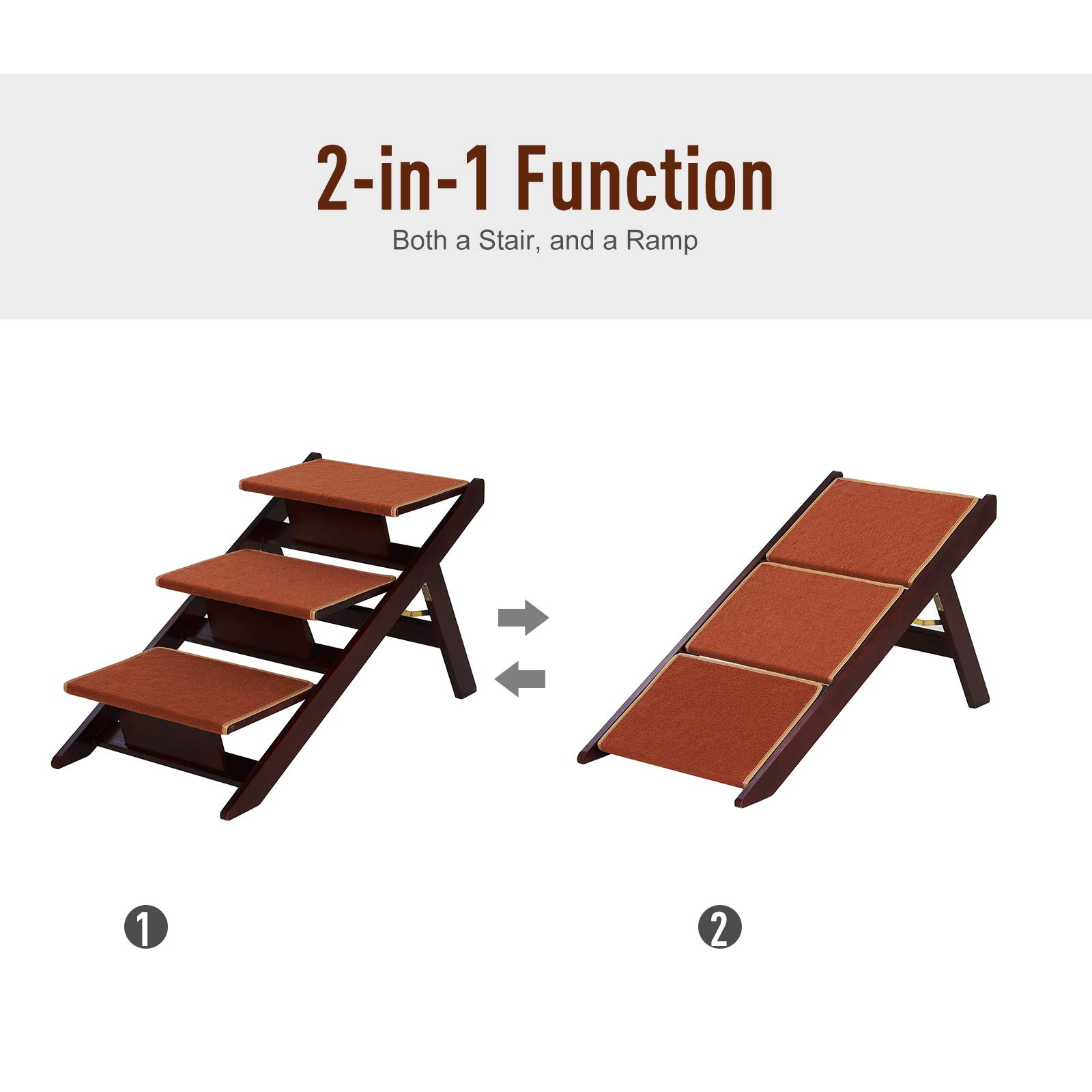 PawHut Wooden 2-in-1 Portable Folding Safety Pet Stairs/Ramp for Dogs and Cats
