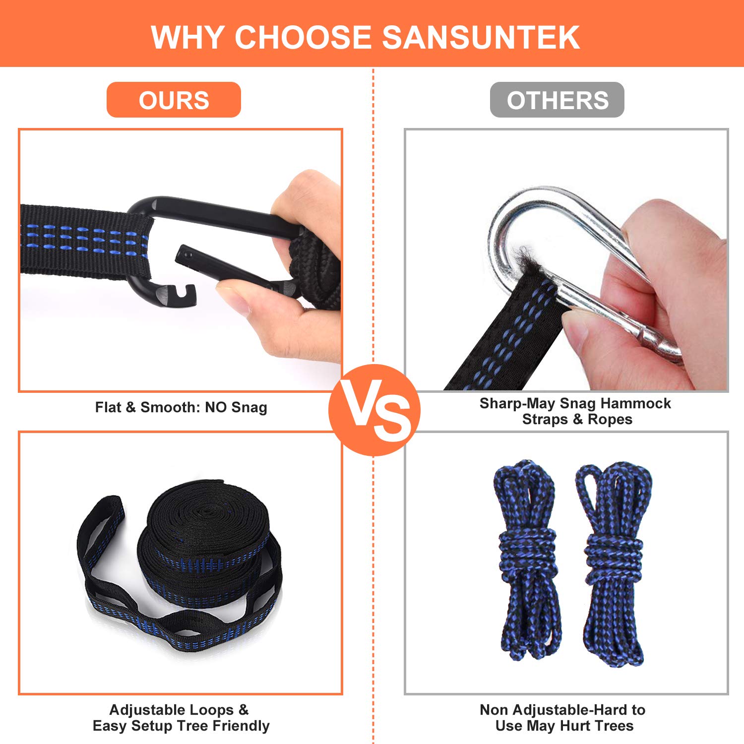 SANSUNTEK Hammock-Camping Hammock for Outdoors Travel Backpacking,Camping Gear-Double Hammock with Tree Straps(18+1 Loops)&Carabiners,Nylon Portable Hammock,2 Person Hammock for Tree & Hiking Gear