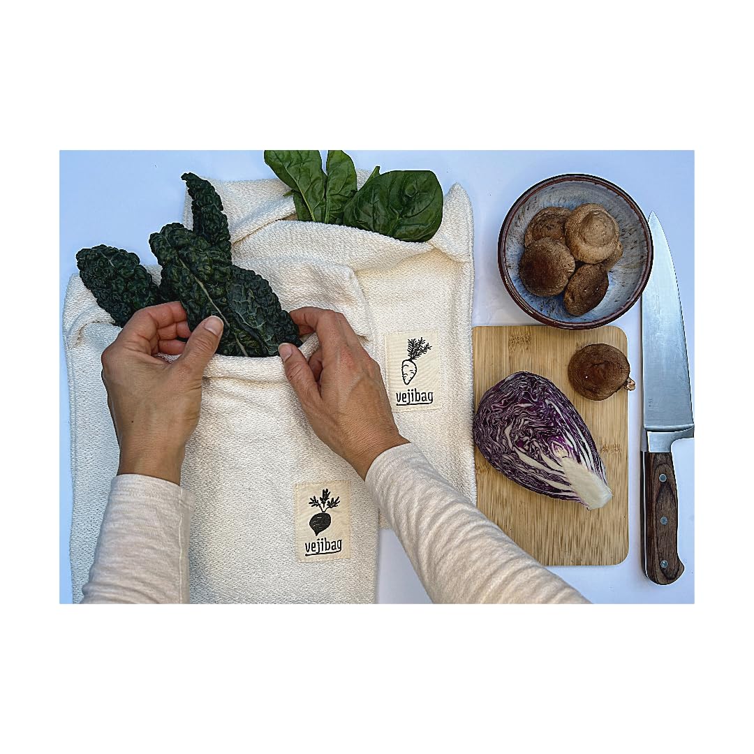 VEJIBAG Variety Pack | Certified Organic Cotton Vegetable Crisper Bags | Made in USA | 3 Bags-Standard, Large,Extra Large | Plastic Free