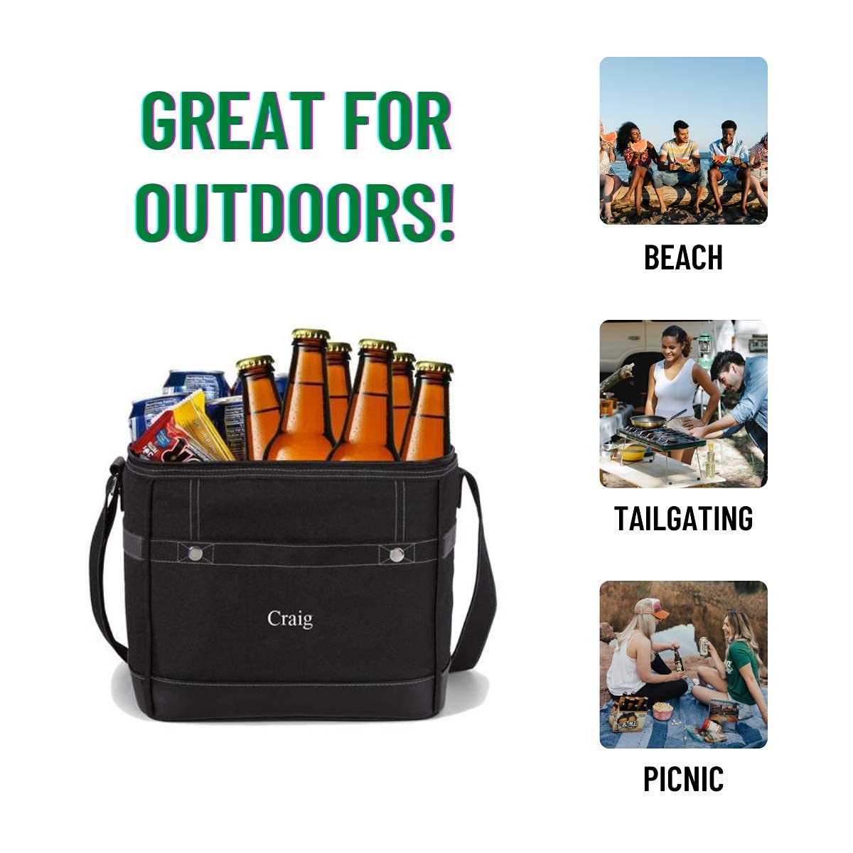 Personalized Cooler Bag for Groomsmen - Narrow Beer Travel Cooler, 18 can / 12 bottle Capacity (Black) - Nice Christmas or Birthday Gift for Men
